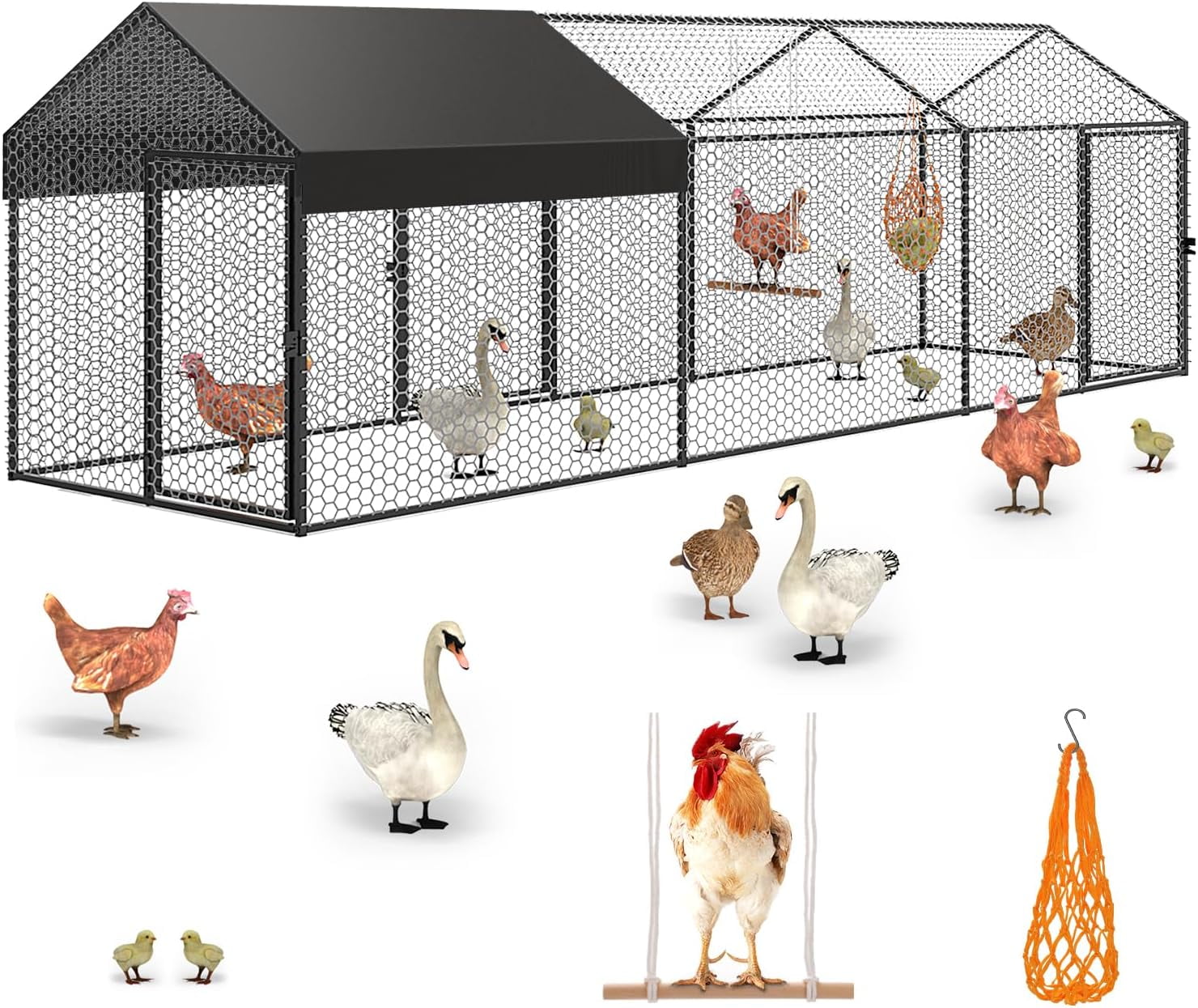 Large Metal Chicken Coop Run with Cover 118"×40"×40" Portable Poultry ...