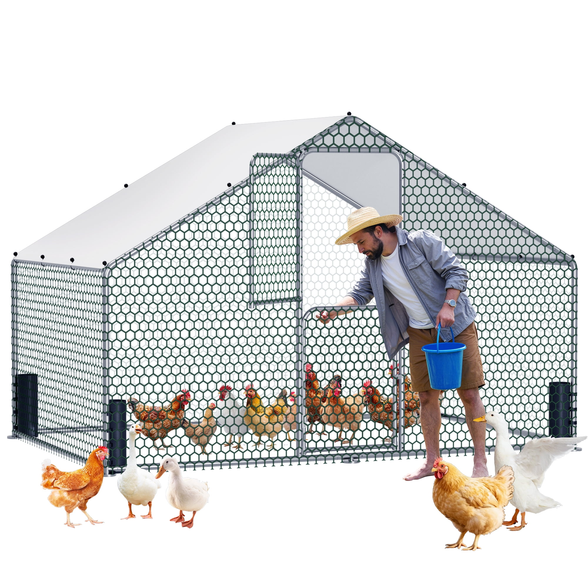 Large Metal Chicken Coop, Walk-in Chicken Run with Feeding Door ...