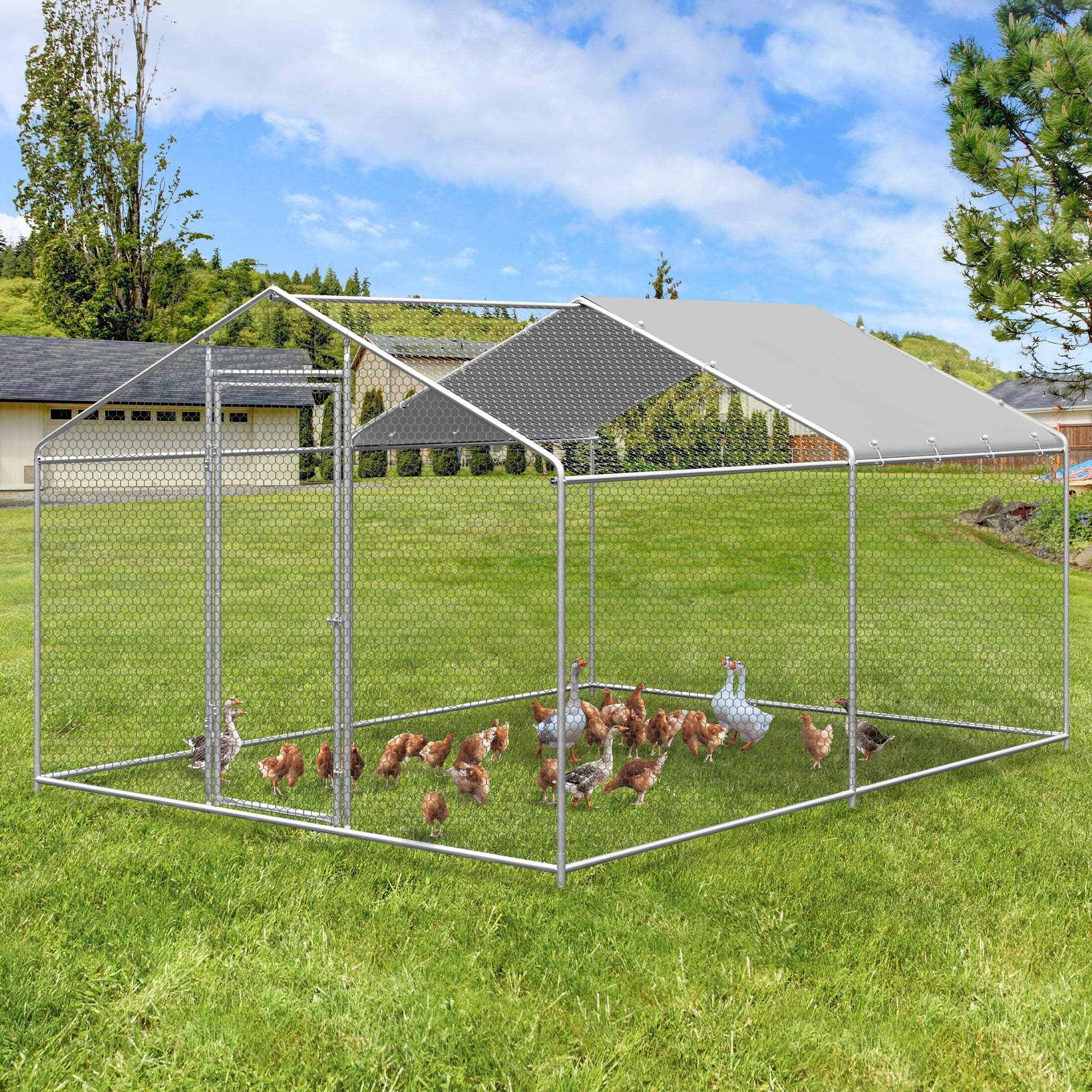 Large Metal Chicken Coop, Walk-in Chicken Run Pen with Waterproof Cover ...