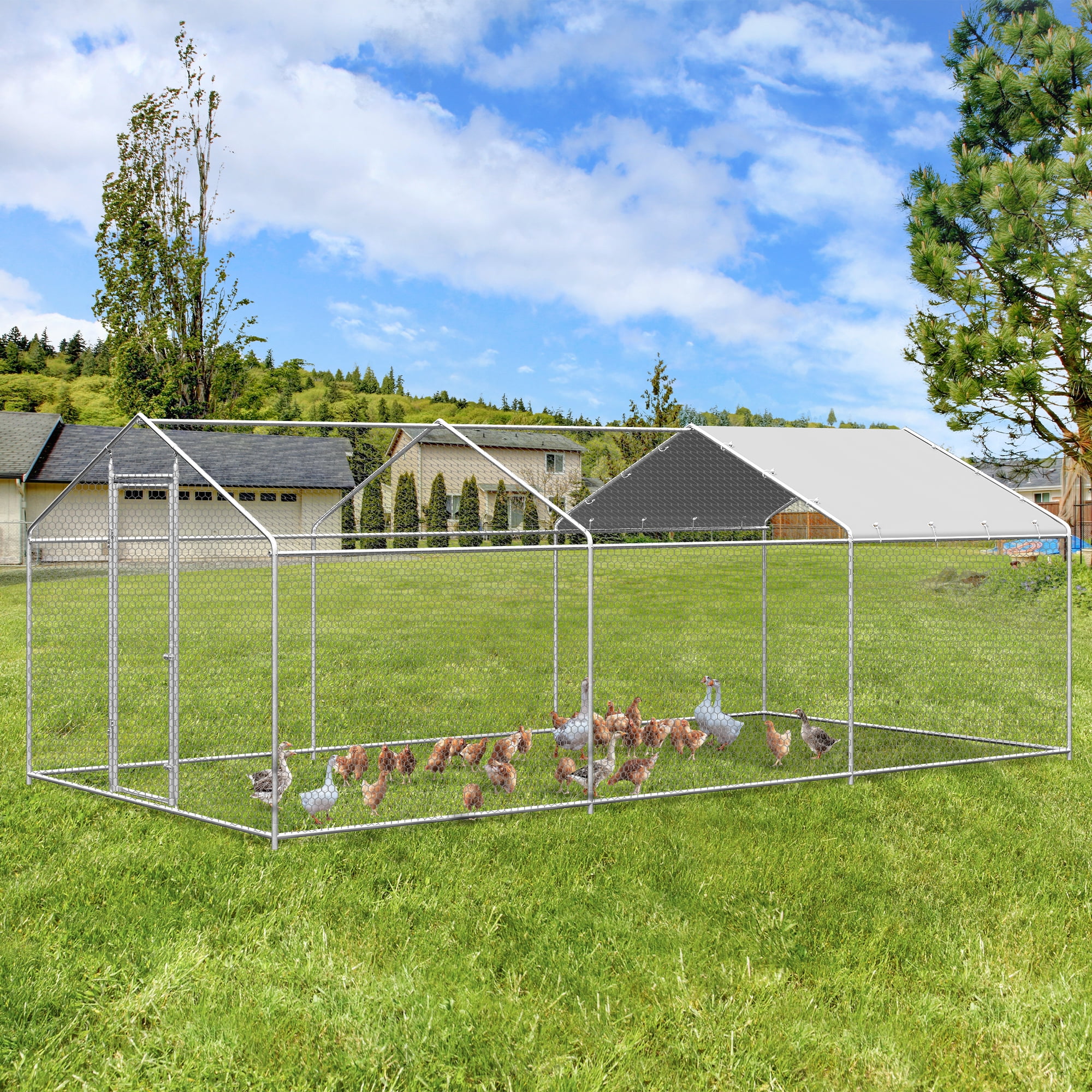 Large Metal Chicken Coop, Walk-in Chicken Run Pen with Waterproof Cover ...