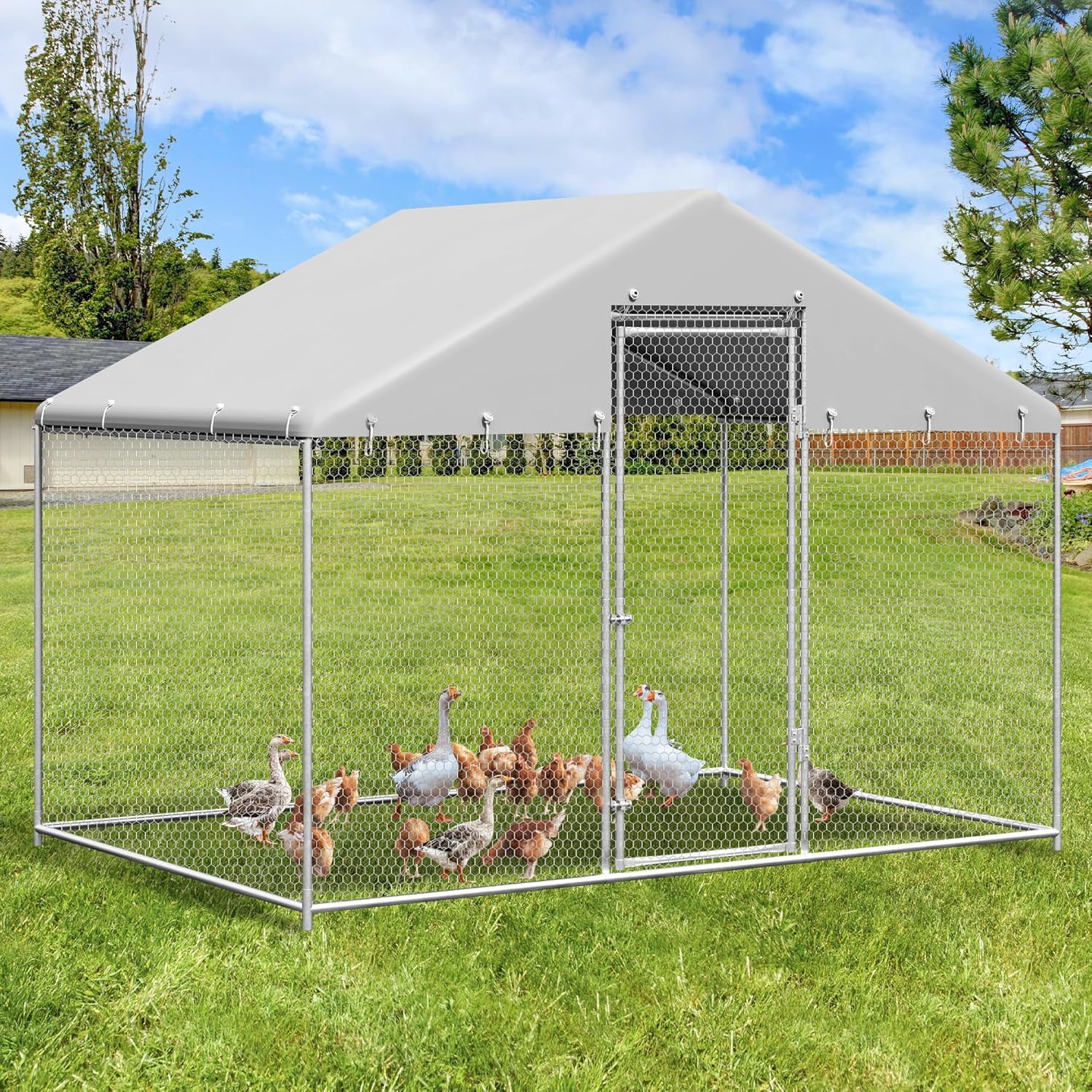 Large Metal Chicken Coop, Walk-in Chicken Run Pen with Waterproof Cover ...