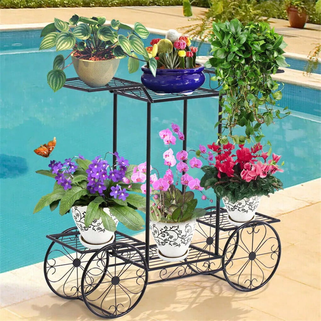 Large Metal Garden Cart Plant Stand Parisian Style Flower Display Rack ...