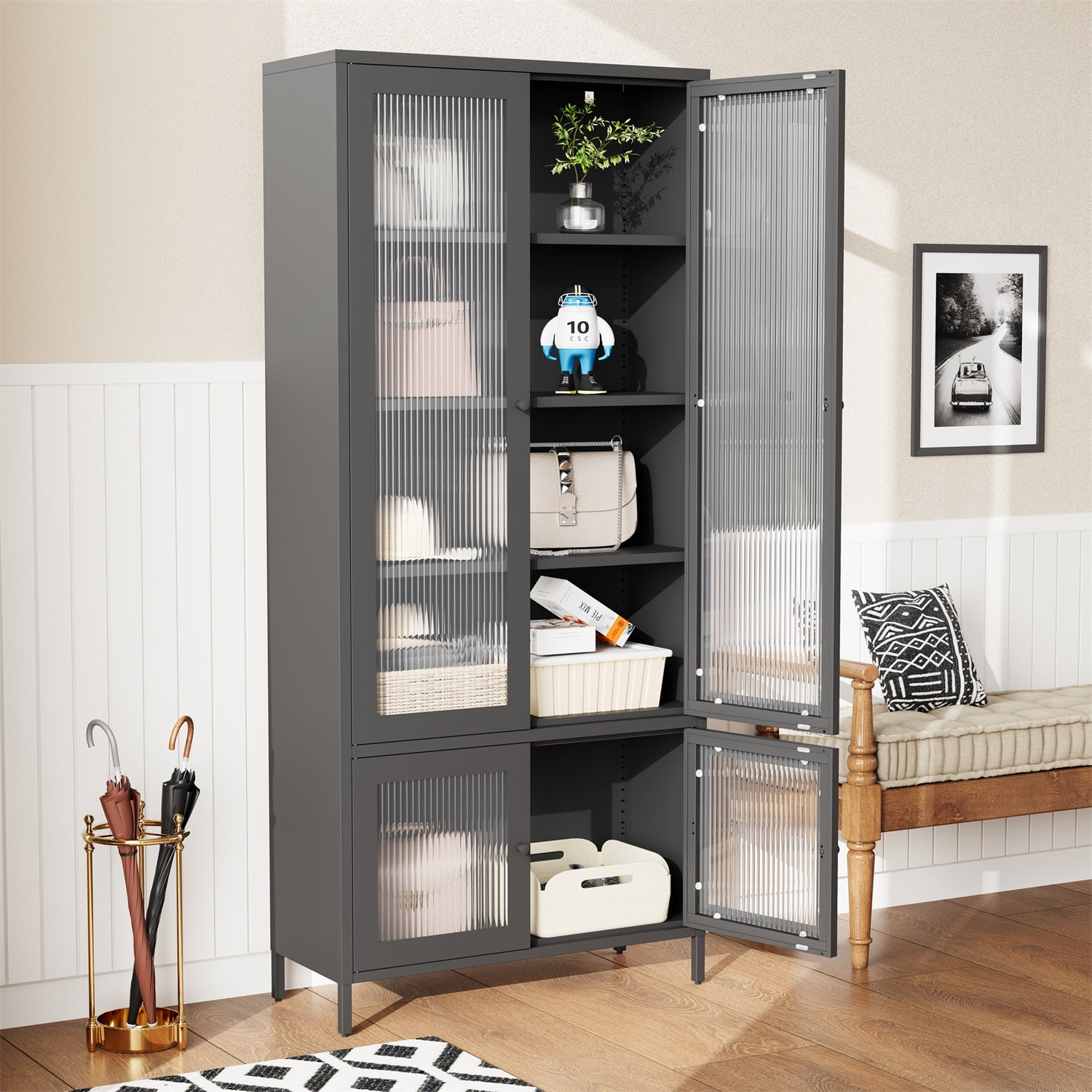 Large Metal Storage Cabinet, Display Cabinet with 4 Glass Doors and 5 ...