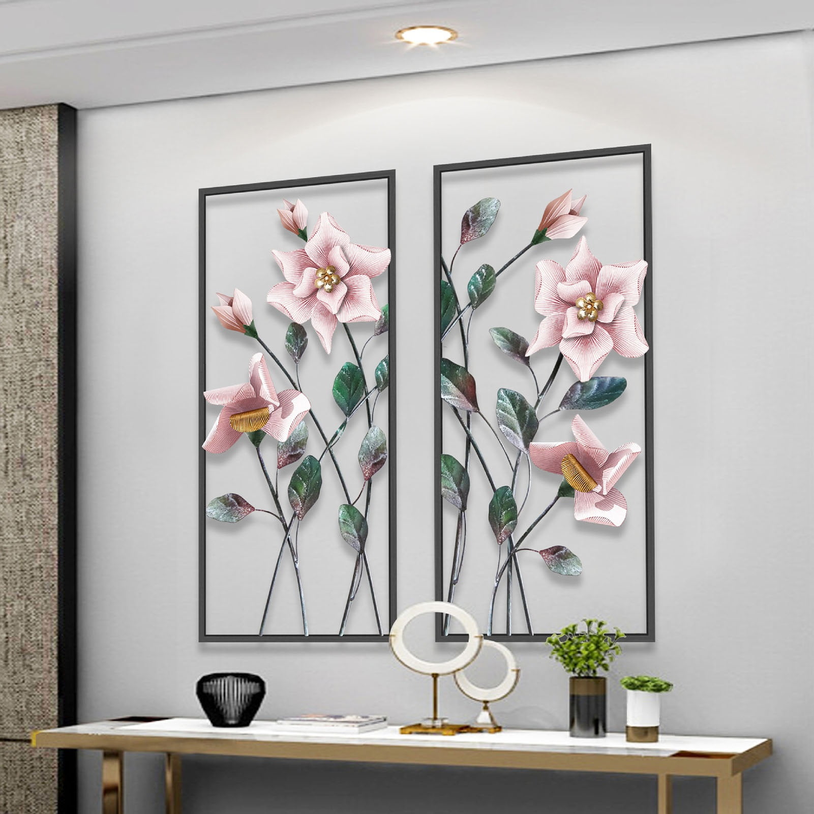 Large Metal Wall Decor Set Of 2, 25.8" X 13.8" Pink Flower Wall Hanging ...
