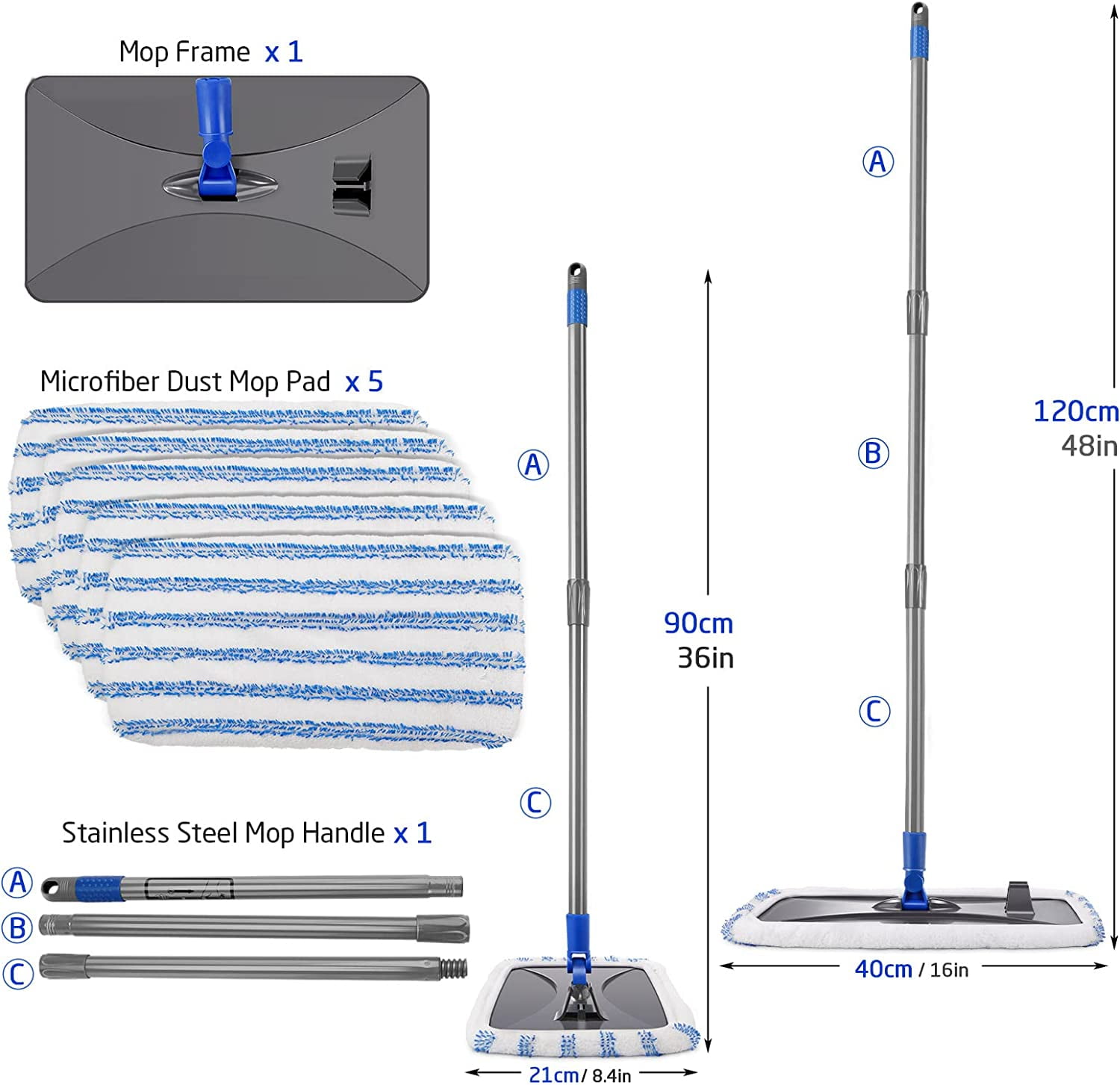 Large Microfiber Mop with Scraper, Stand Broom & Dustpan Set for ...