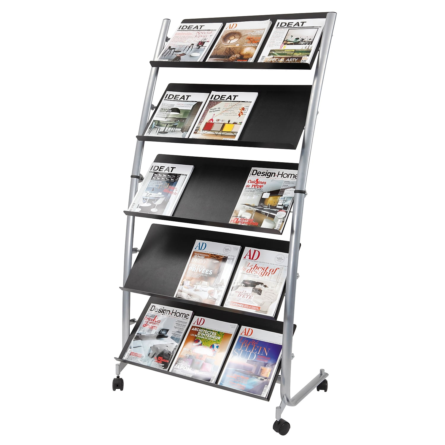 Large Mobile Literature Rack with 5 Levels, Metallic Gray and Black ...
