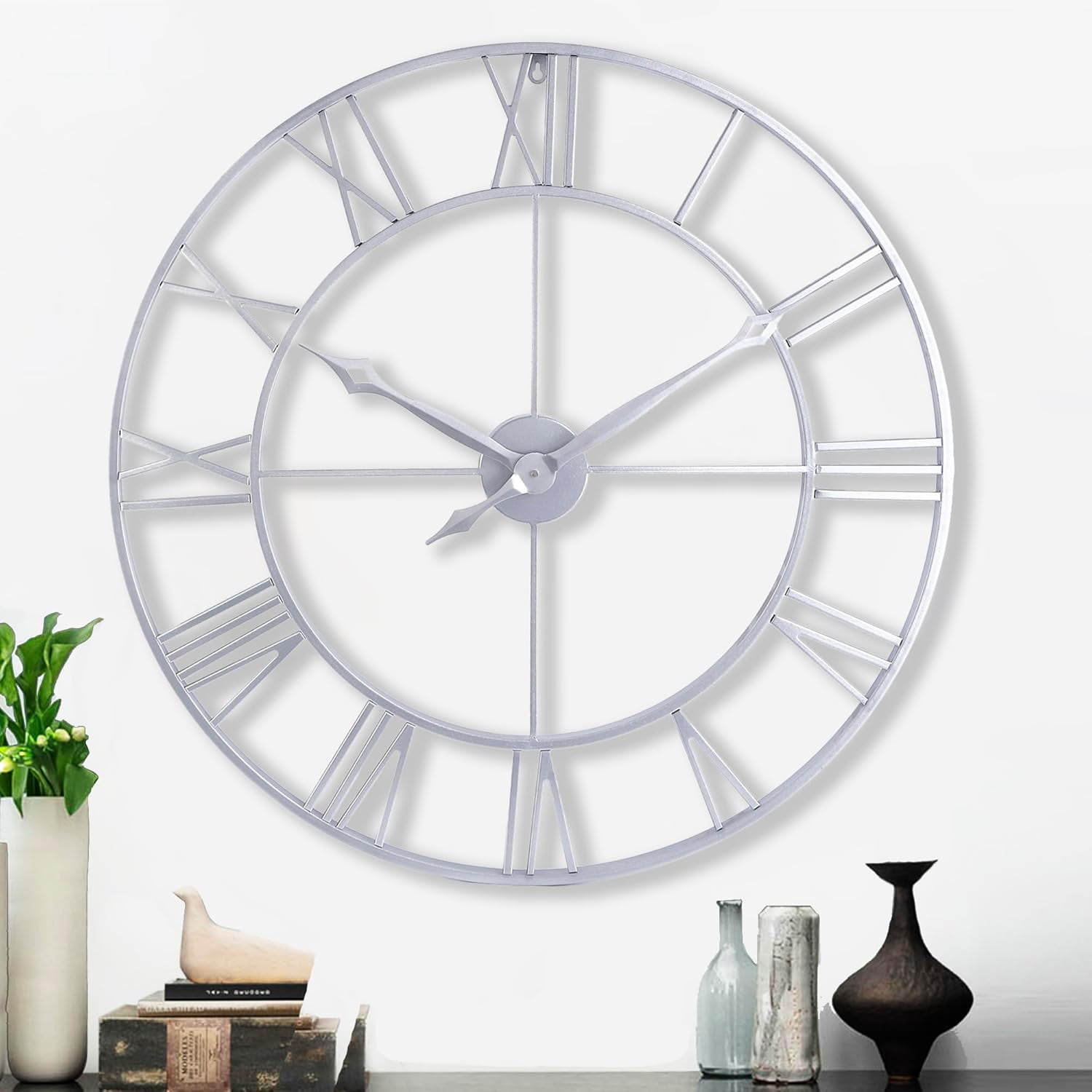 Large Modern 30 Inch Wall Clock Silver, Oversized Big Roman Numeral ...