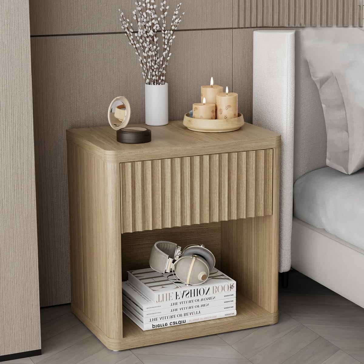Large Modern Nightstand with Drawer Storage 22.8Inch Wide Fluted ...
