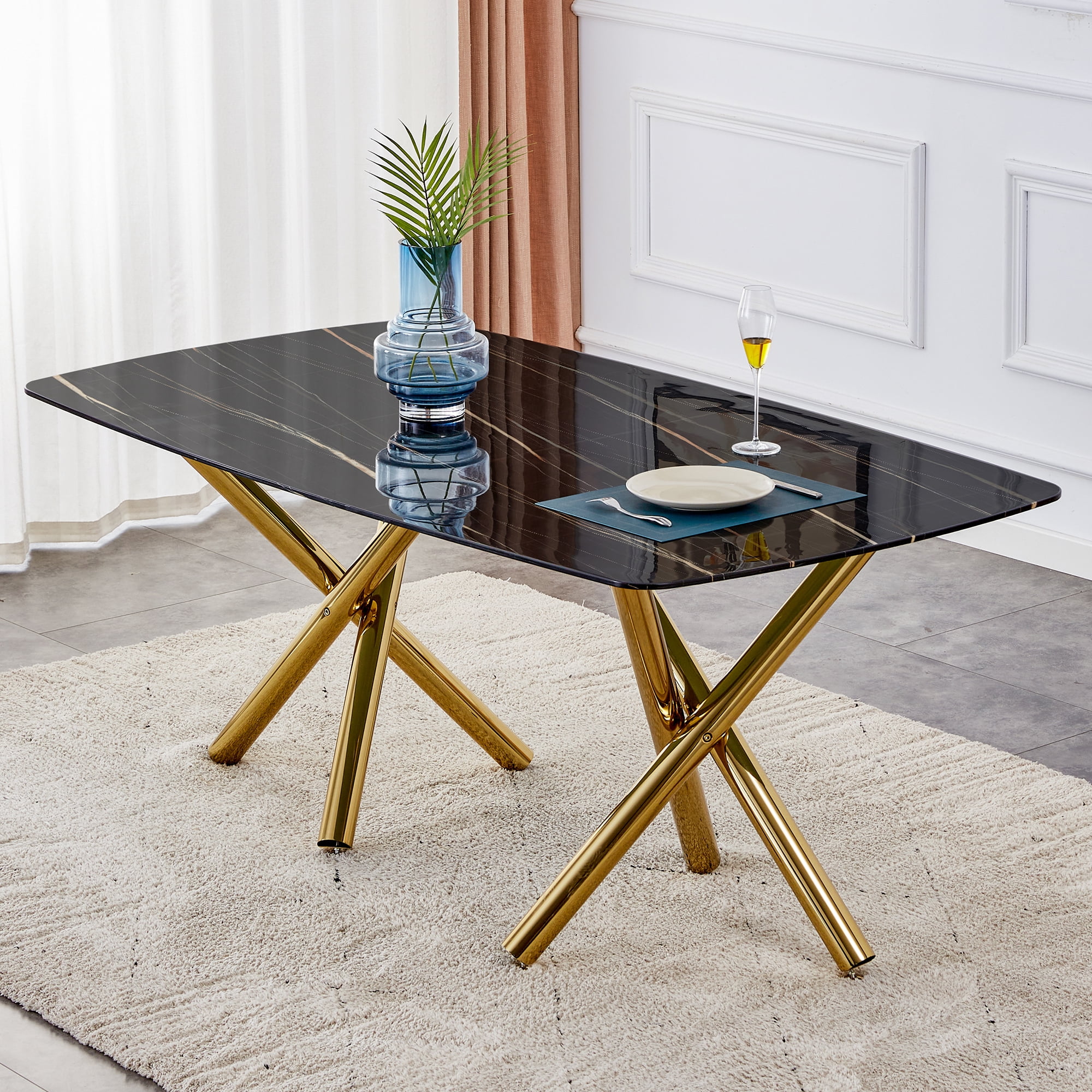 Large Modern Rectangular Marble Dining Table, Black Glass Top & Gold ...