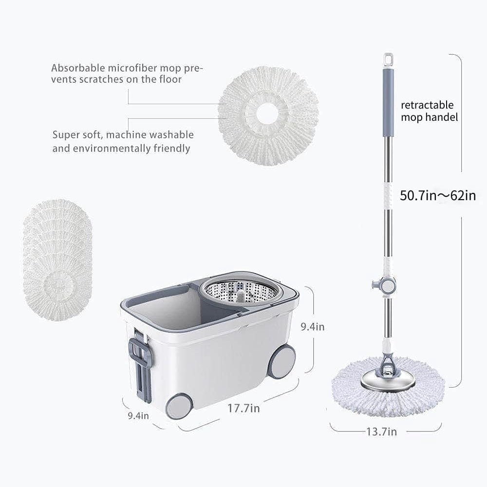 Large Mop Bucket Deluxe 360 Spinning Floor Cleaning System with 4 ...