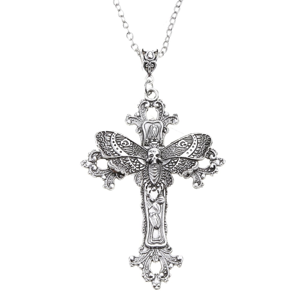 Large Moth Cross Necklace Pendant Floral Filigree Clavicle Chain ...