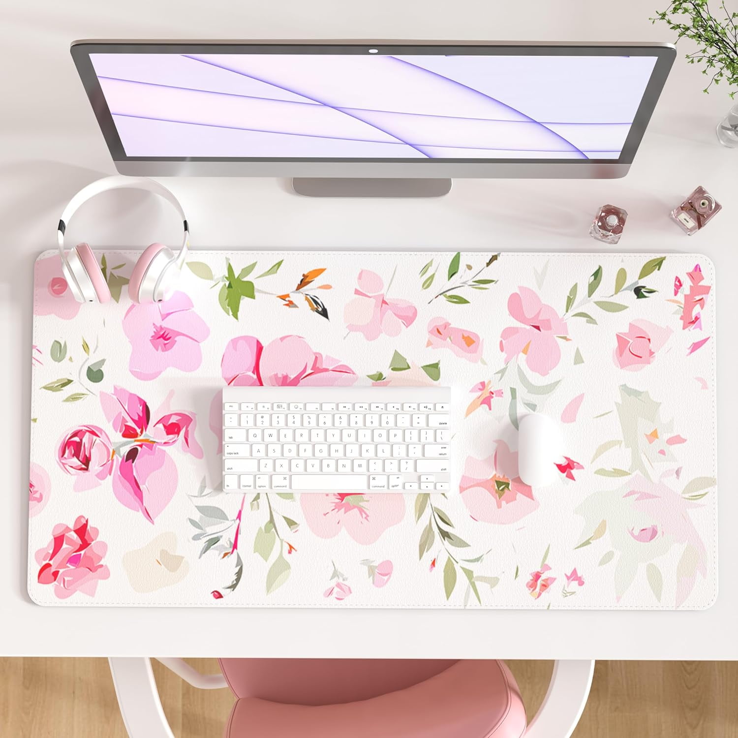 Large Mouse Pad, Cute Pink Floral Computer Desk Mat for Keyboard and ...