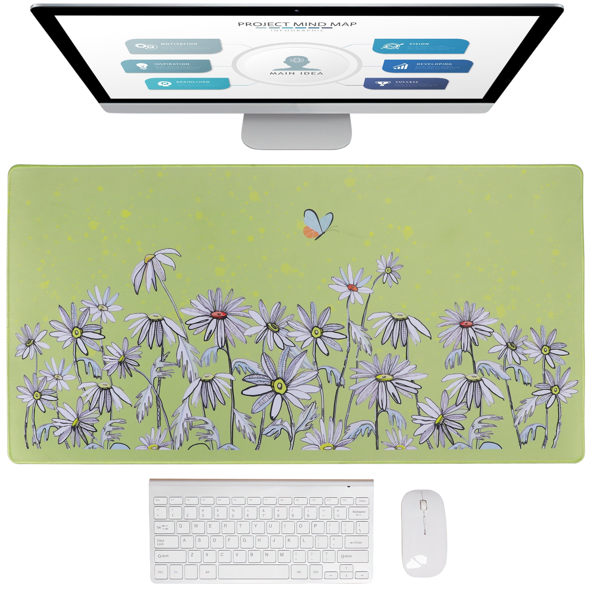 Large Mouse Pad, Green Flower Pattern Desk Pad with Stitched Edge, Non ...