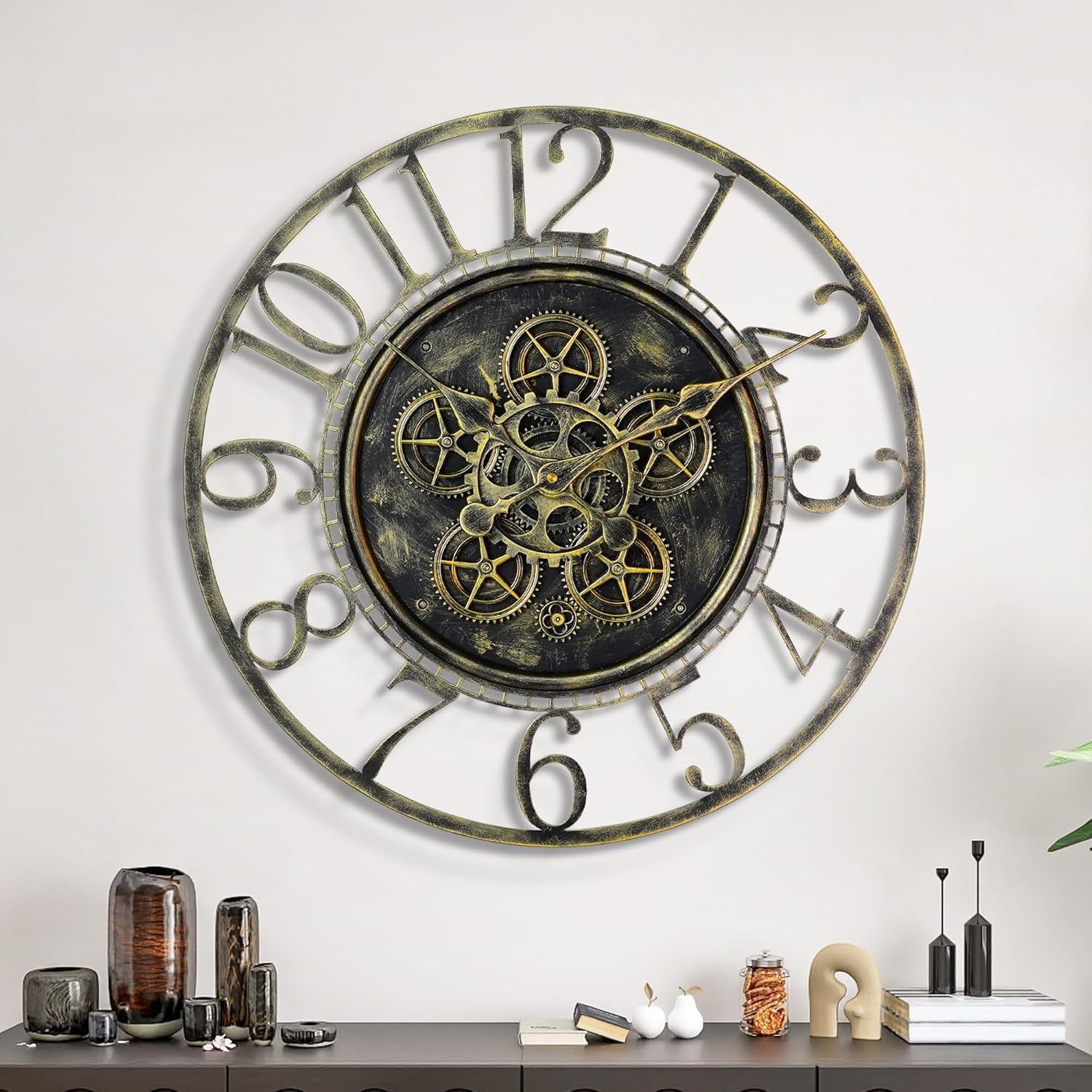 Large Moving Gear Wall Clock for Living Room Decor,Vintage Industrial ...