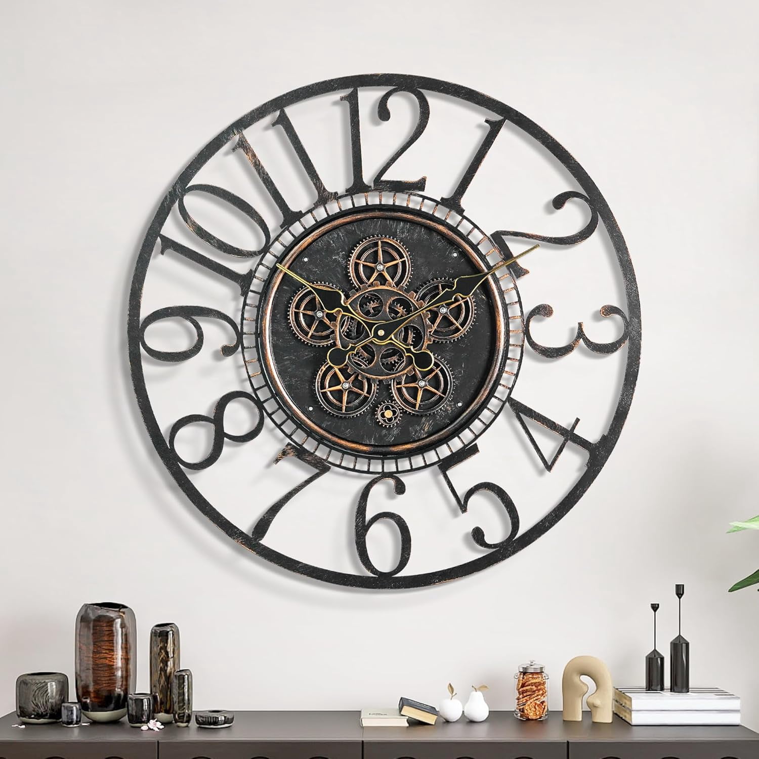 Large Moving Gear Wall Clock for Living Room Decor,Vintage Industrial ...