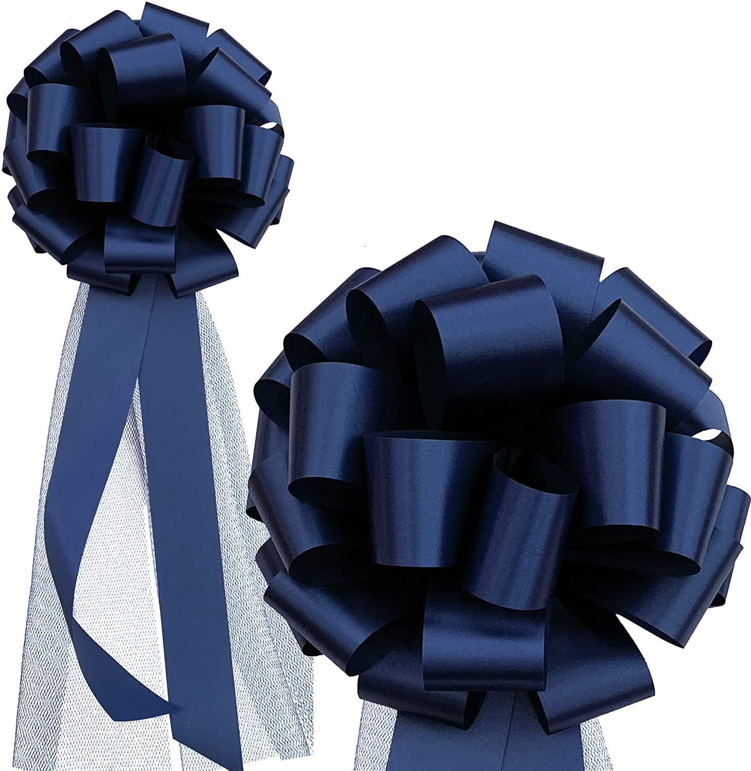 Large Navy Blue Wedding Pull Bows with Long Tulle Tails - 9" Wide, Set ...