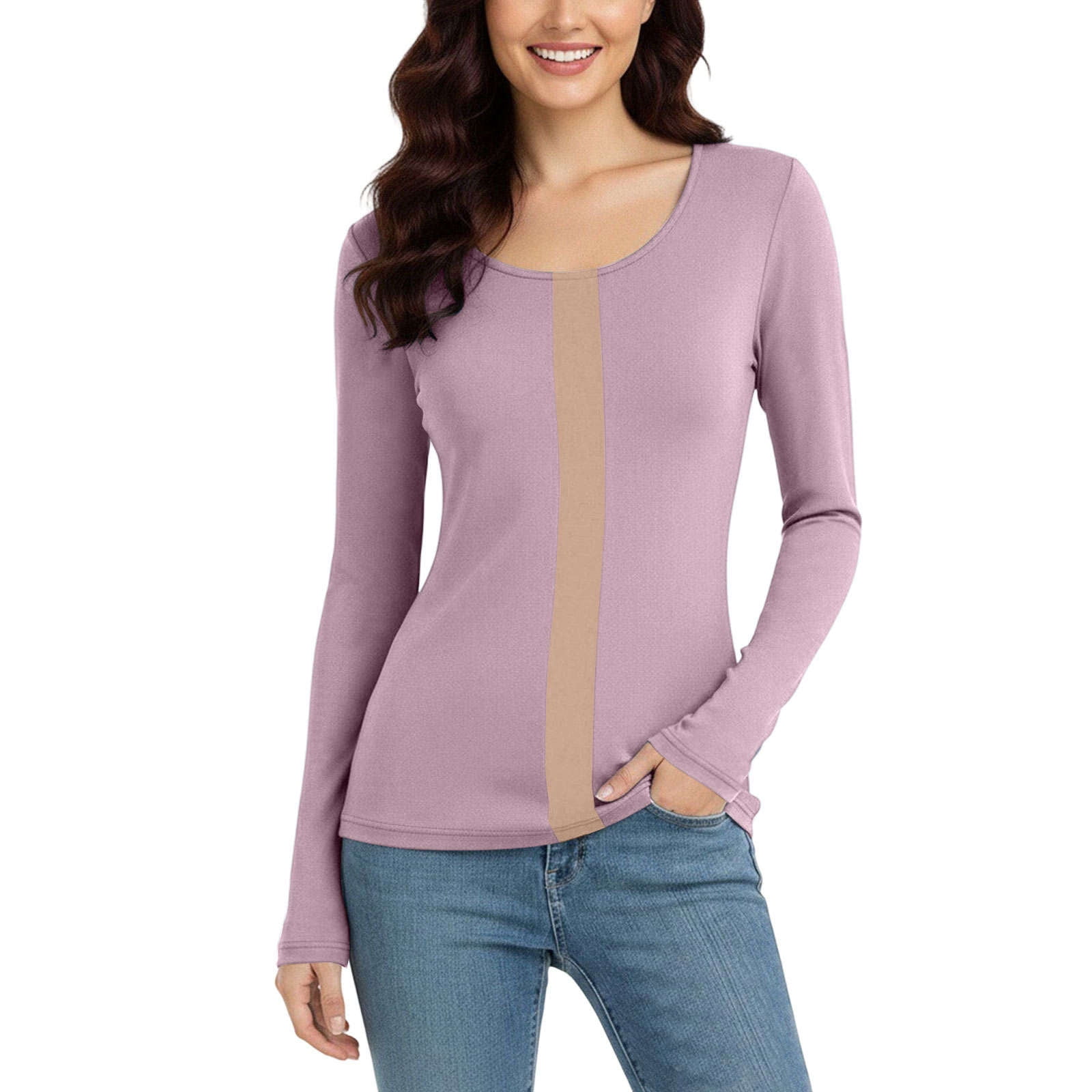Large Neckline Solid Color Patchwork Long Sleeves, Fitted Round Neck ...