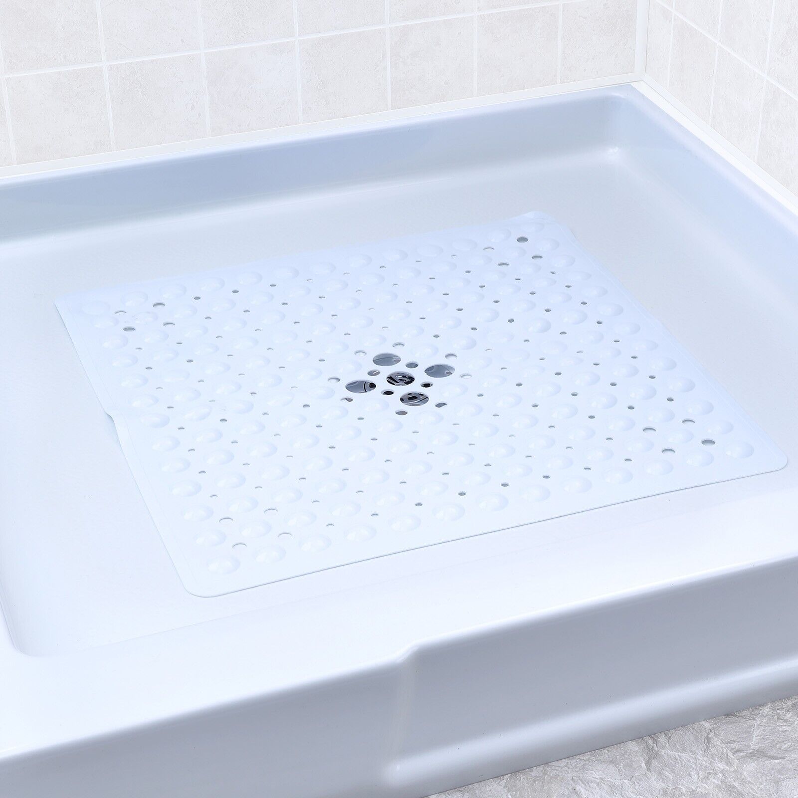 Large Non-Slip Shower Mat with Drain Holes: White Square Shower Mat ...
