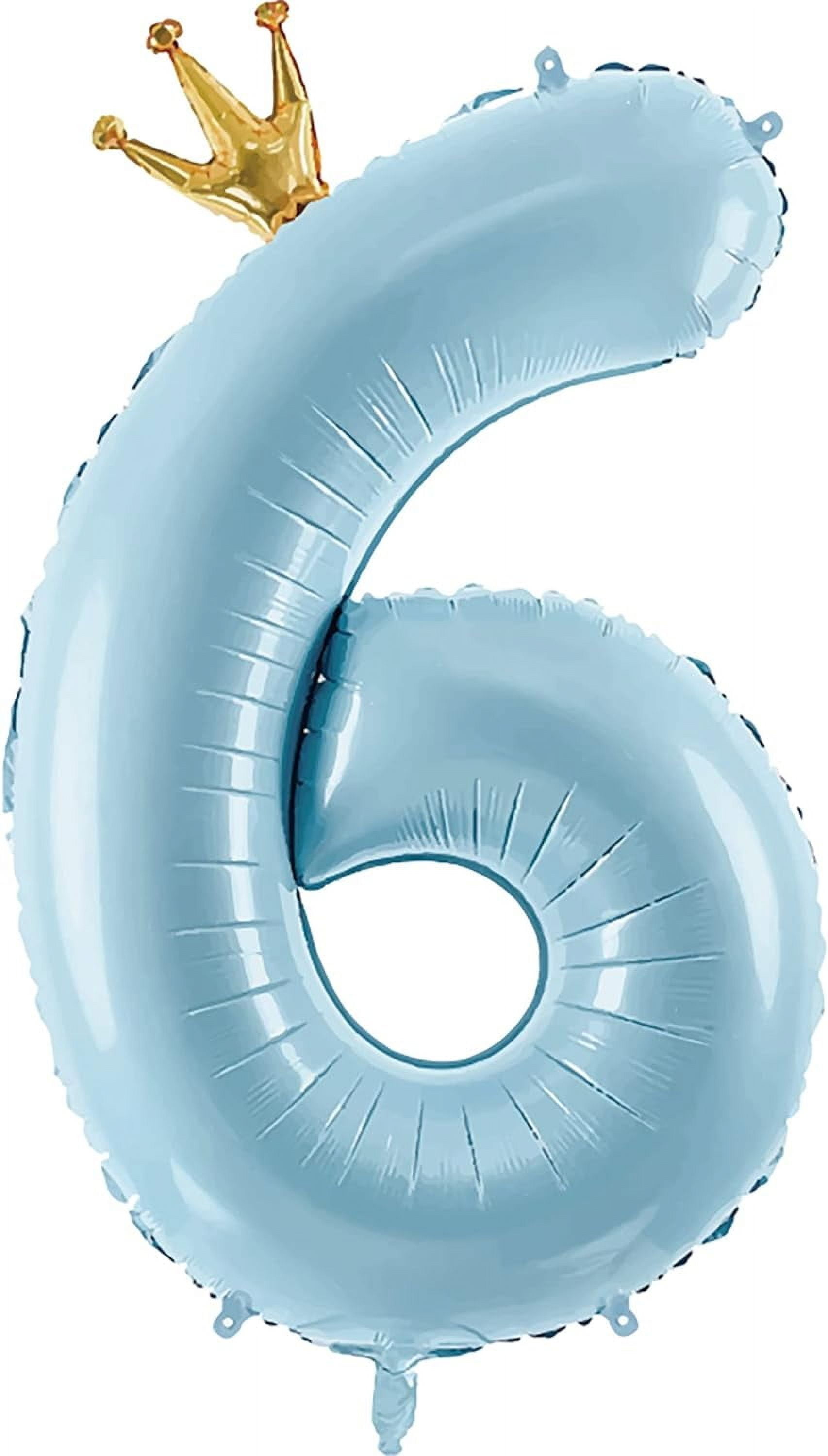 Large Number 6 Balloon with Crown - 40 Inch, Light Blue - 6th Birthday ...