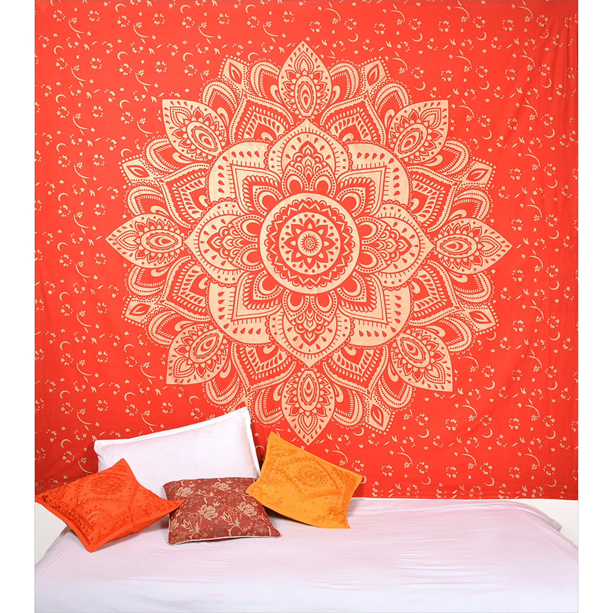 Large Orange Mandala Wall Tapestry Boho Bedspread Floral Wall ...