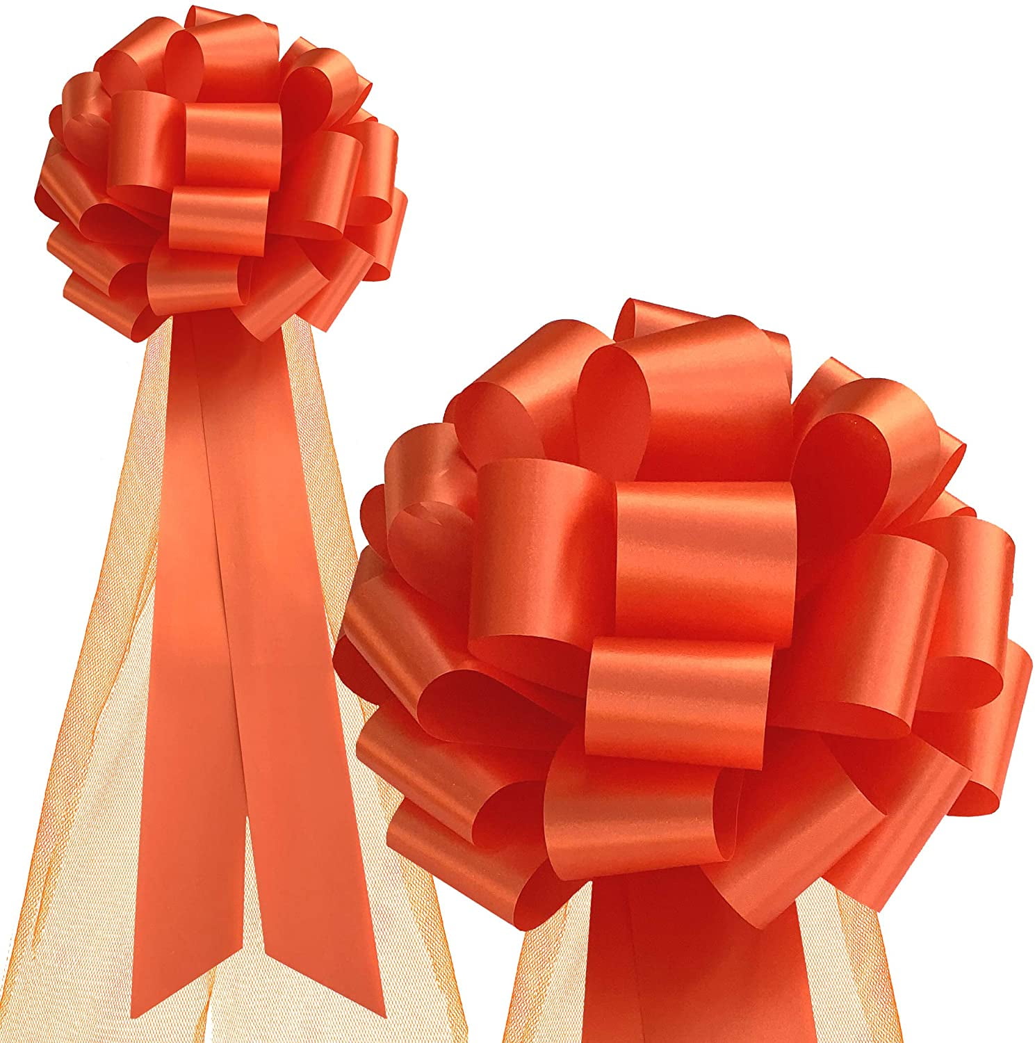Large Orange Wedding Pull Bows with Long Tulle Tails - 9" Wide, Set of ...