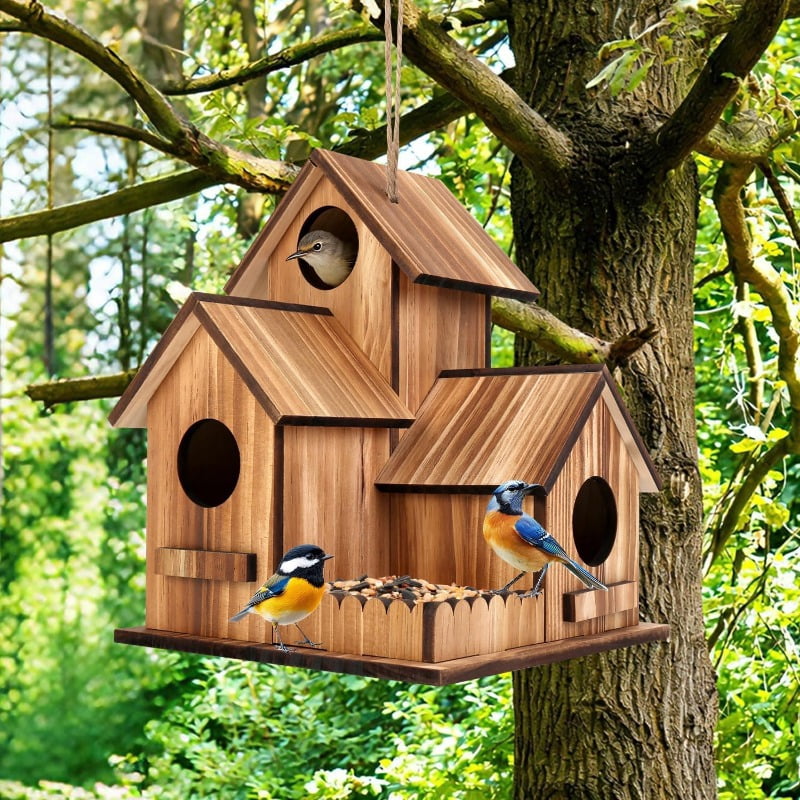 Large Outdoor 3-Hole Wooden Birdhouse for Bluebirds, Sparrows ...