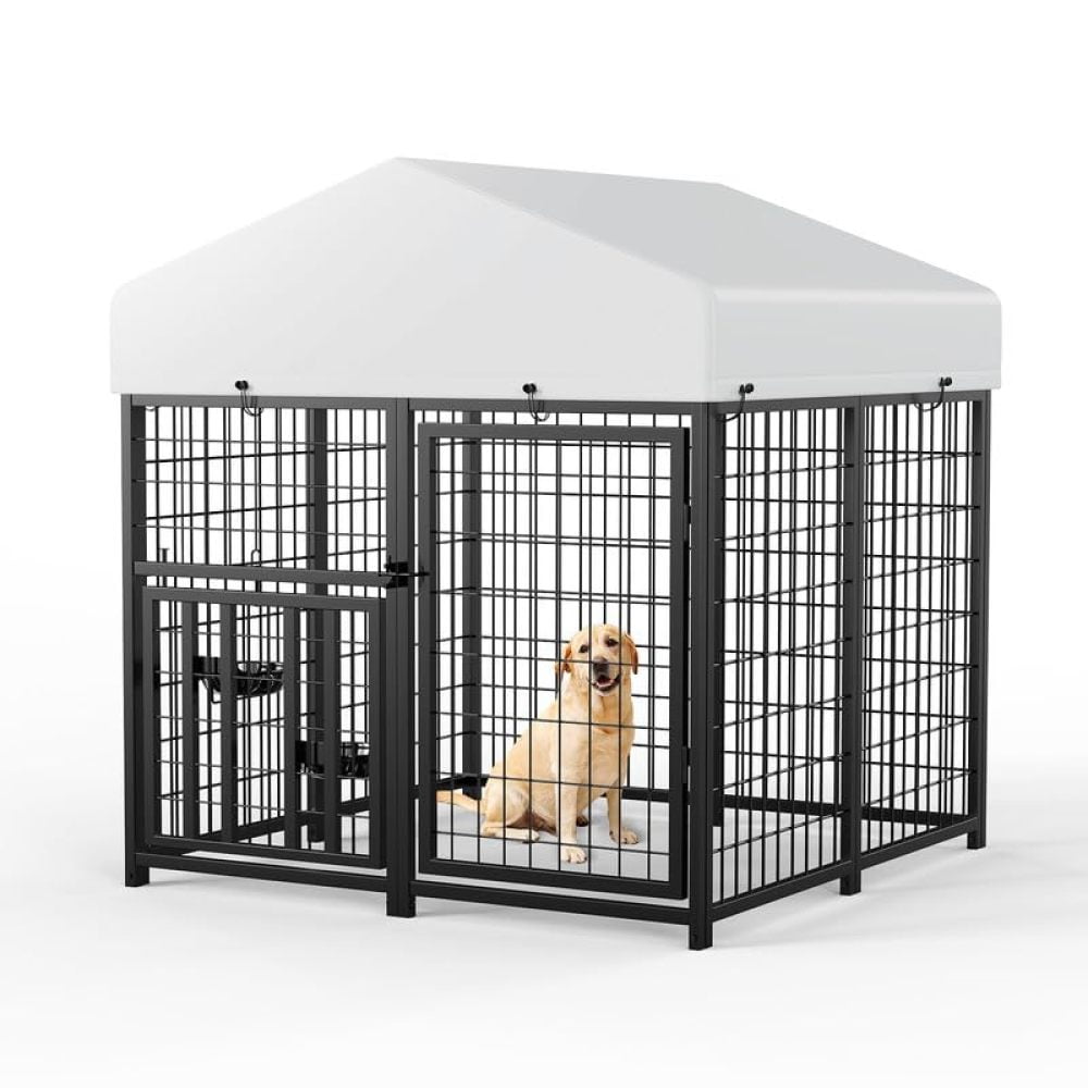 Large Outdoor Dog Kennel with Rotatable Feeder, Waterproof Roof ...