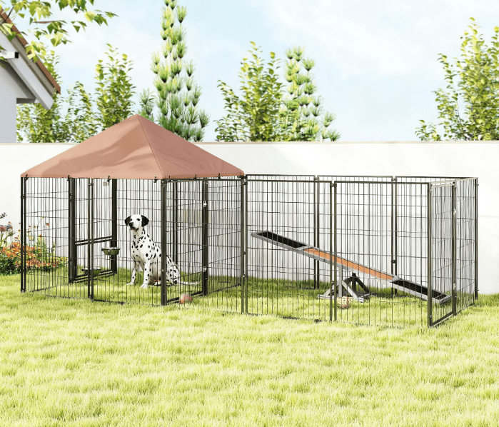 Large Outdoor Dog Kennel with Rotating & Adjustable Height Bowls ...