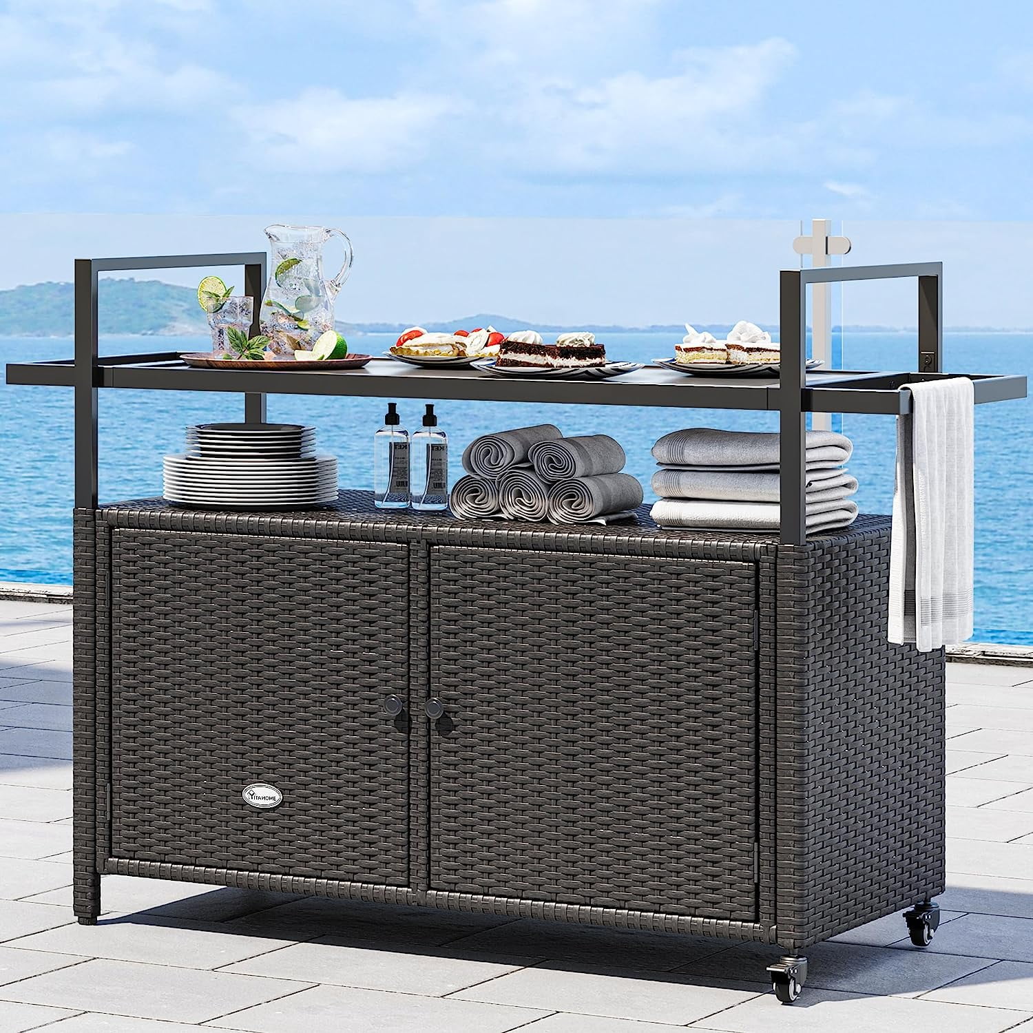 Large Outdoor Kitchen Wicker Island Rolling Cart & Patio Bar Table, w ...