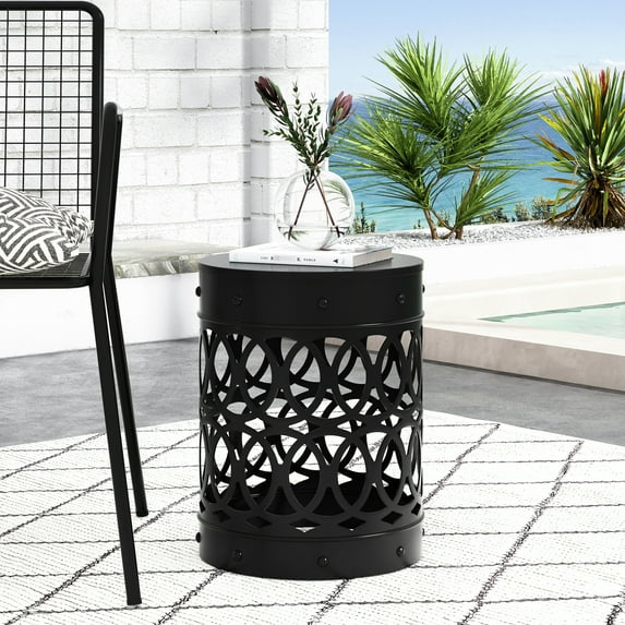 Large Outdoor Metal End Table In Black With Modern And Iron Cut Design ...