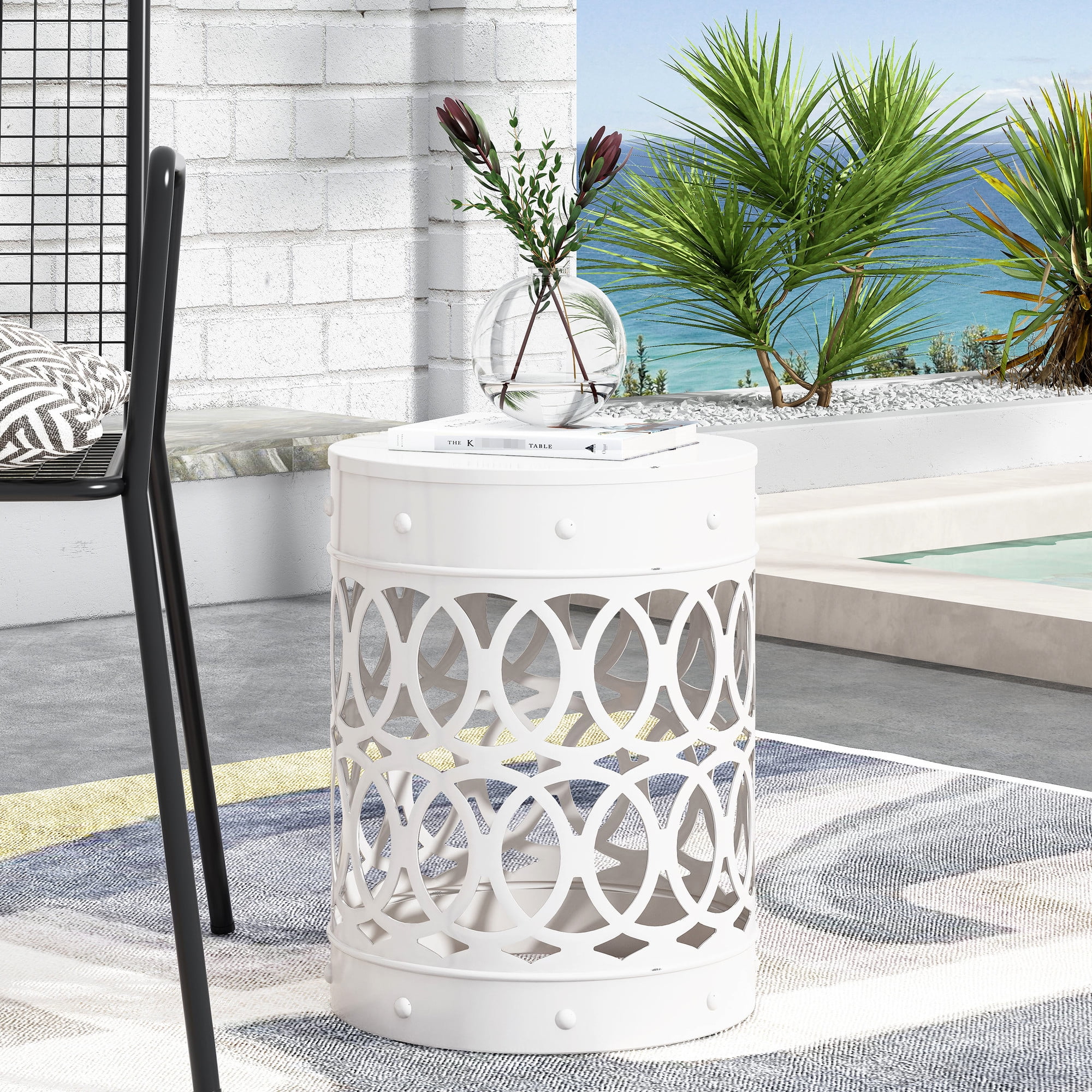 Large Outdoor Metal Table, White, With Contemporary Iron Cut Decoration ...