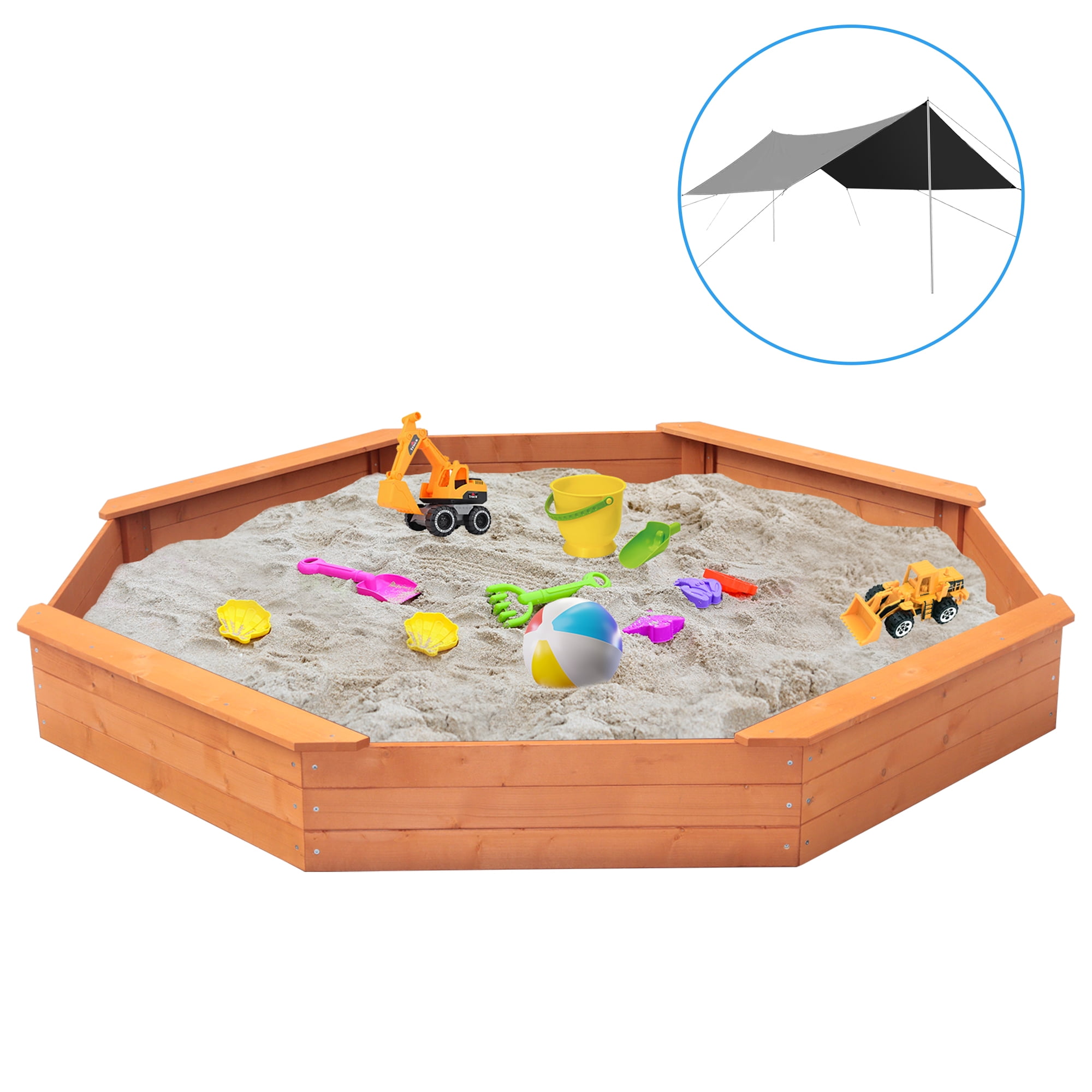 "Large Covered Sandbox with Shade & Bench, Octagon Wooden Sand Pit for ...