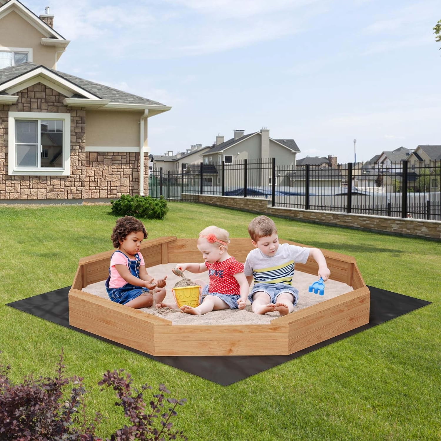 Large Outdoor Wood Sandbox,Octagon Wooden Sand Box with Nylon Cover ...