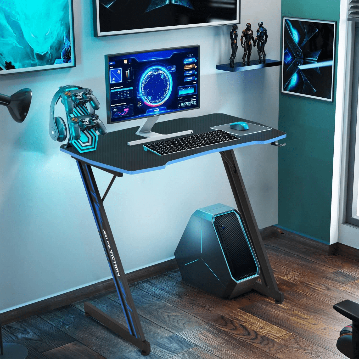 Large PC Gaming Desk 47 in Computer Desk with Headphone Hook Z-Shaped ...