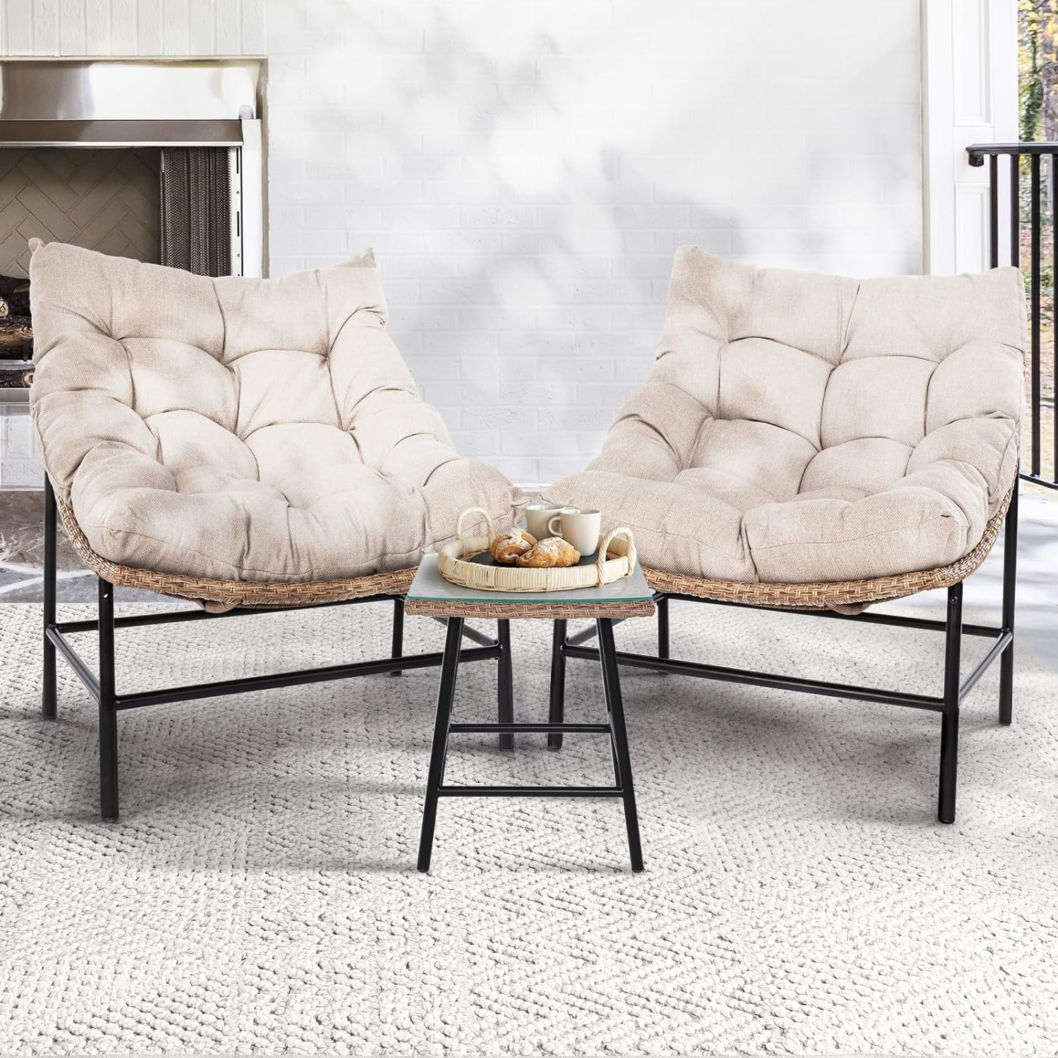 Large Papasan Scoop Chair Set of 2 with Glass Side Table, Premium ...
