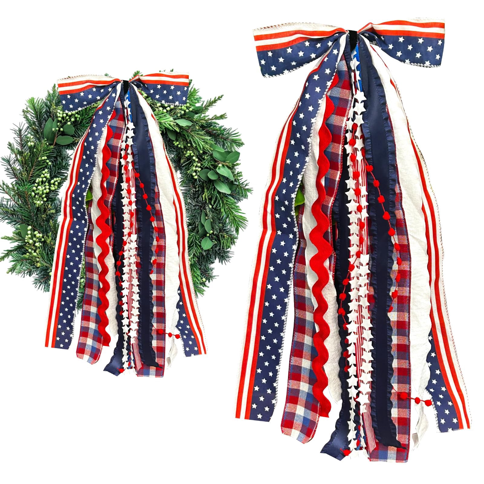 Large Patriotic Star Ribbon Bow for Wreath, Red White Buffalo Plaid ...