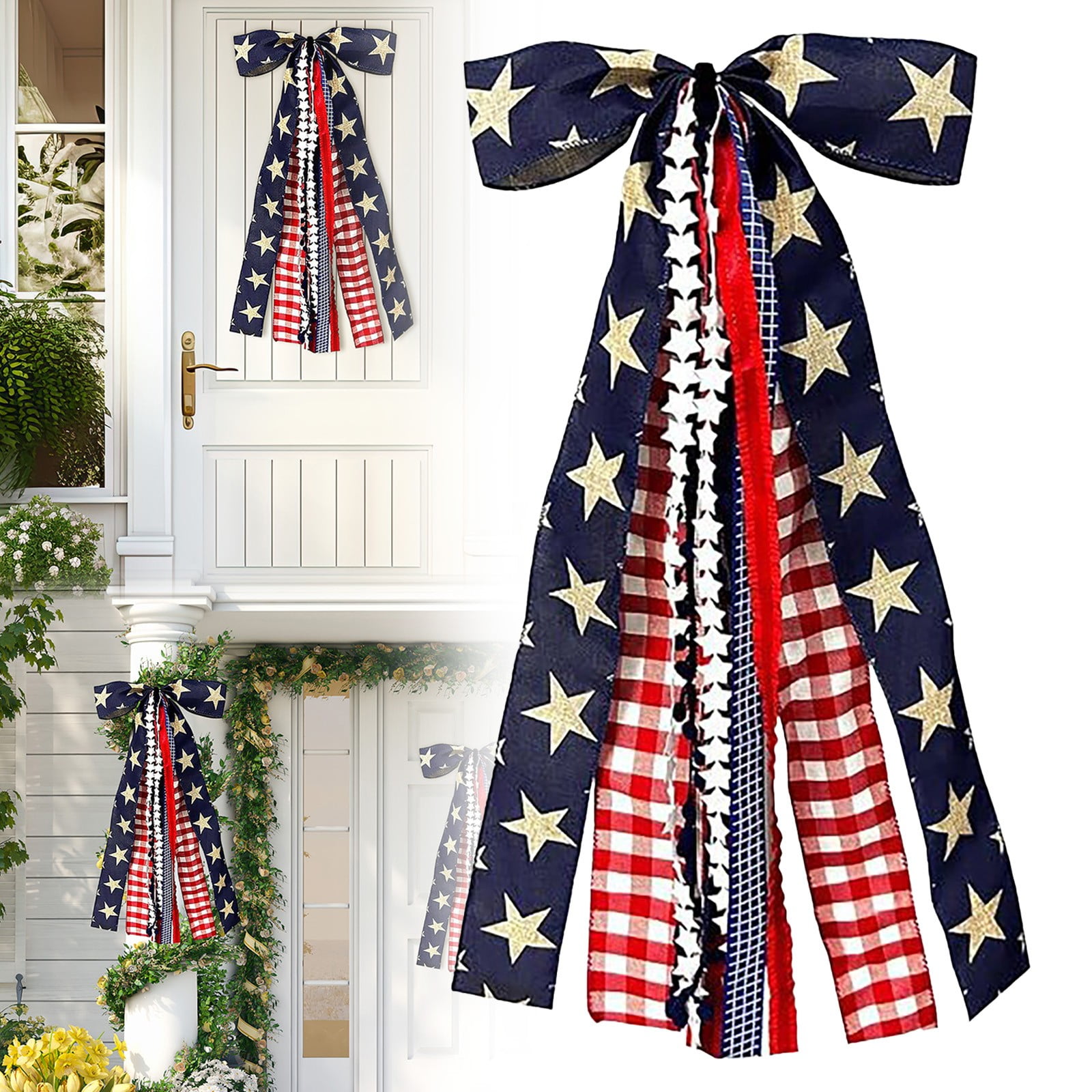 Large Patriotic Star Ribbon Bow for Wreath, Red White Buffalo Plaid ...