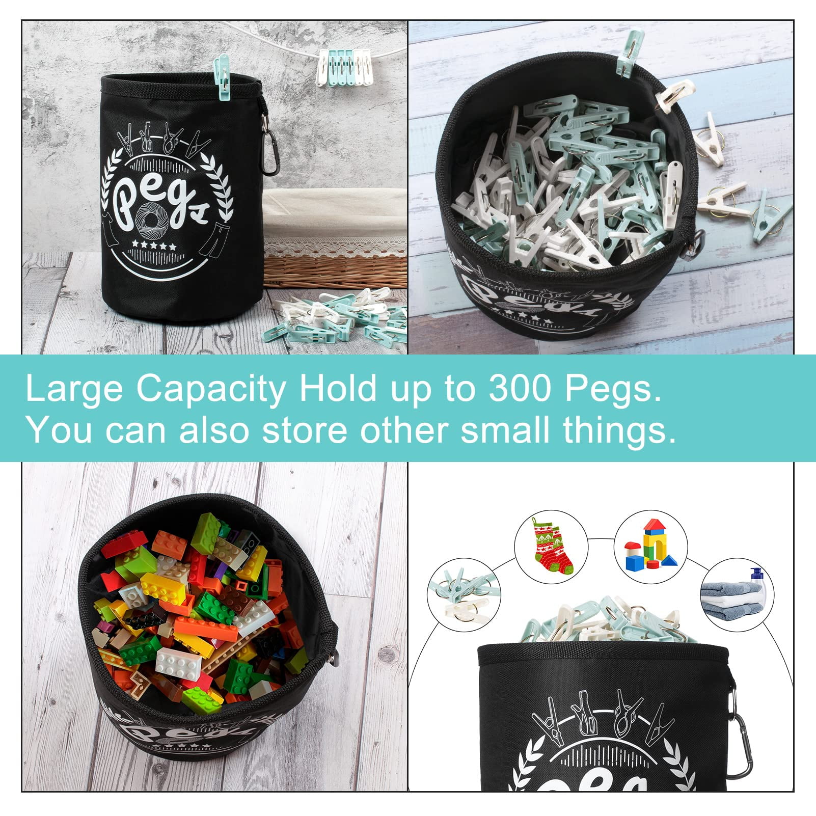 Large Peg Bag Waterproof with Draw String, Hanger Clips Hanging Snap ...