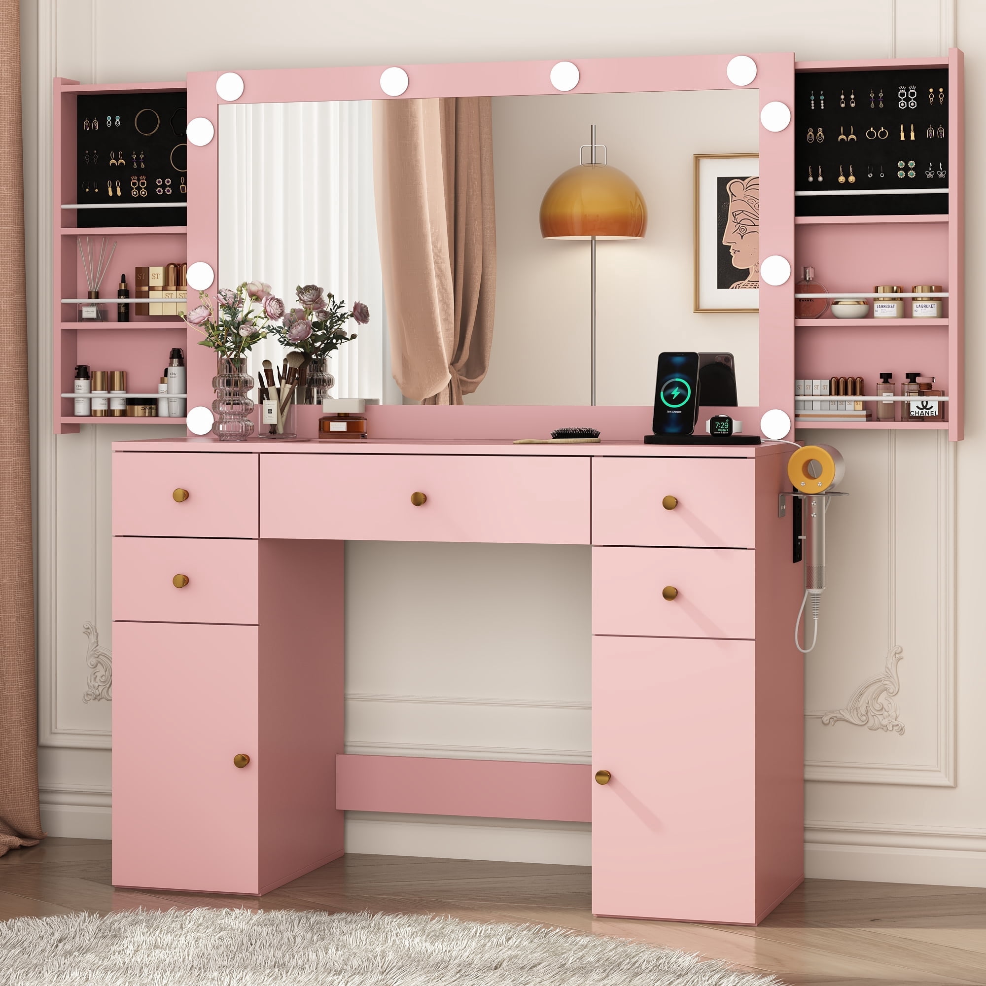 Large Pink Lighted Mirror Vanity Desk with Sliding Storage & Glass Top ...
