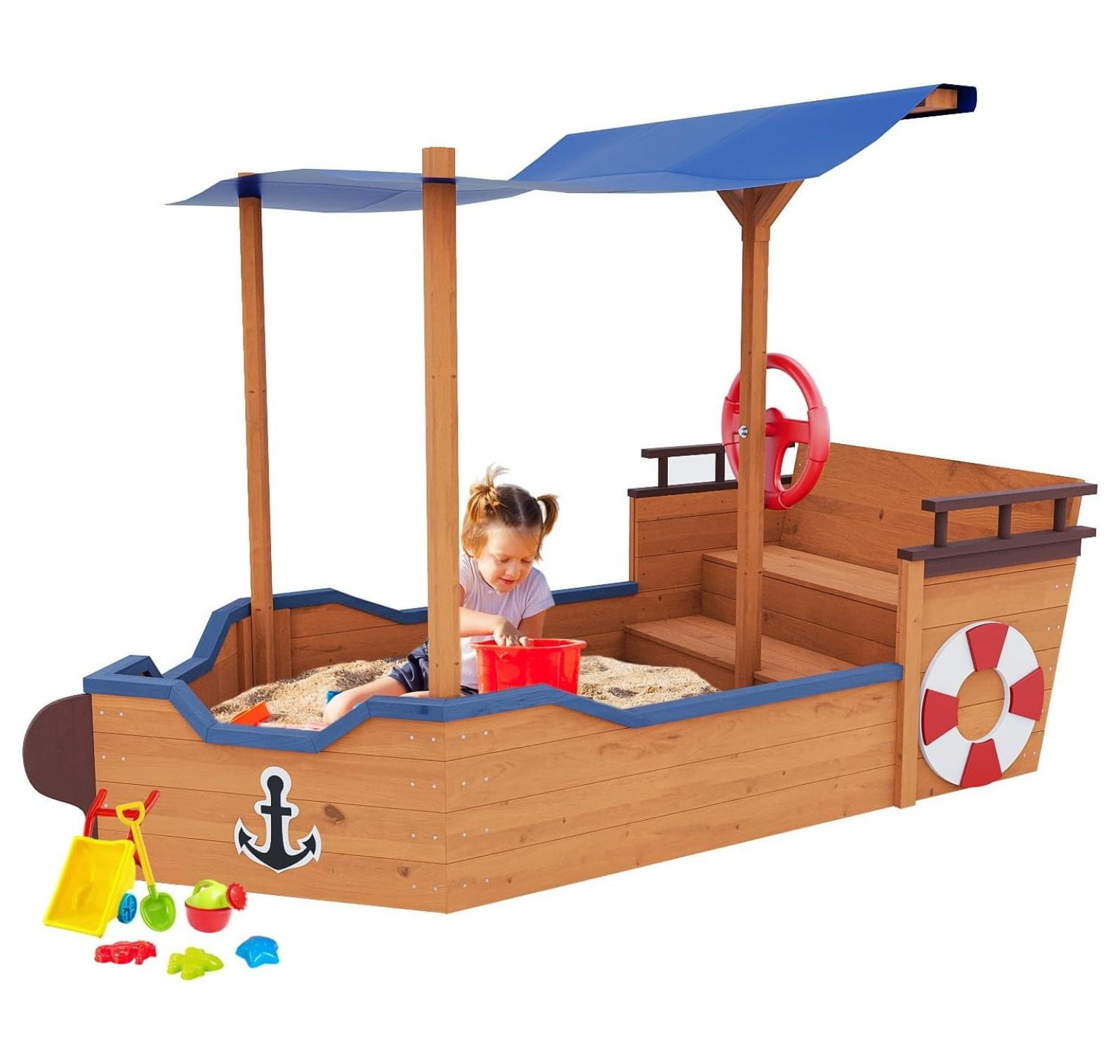 Large Pirate Ship Sandbox with Cover, Wooden Sand Box with Canopy ...