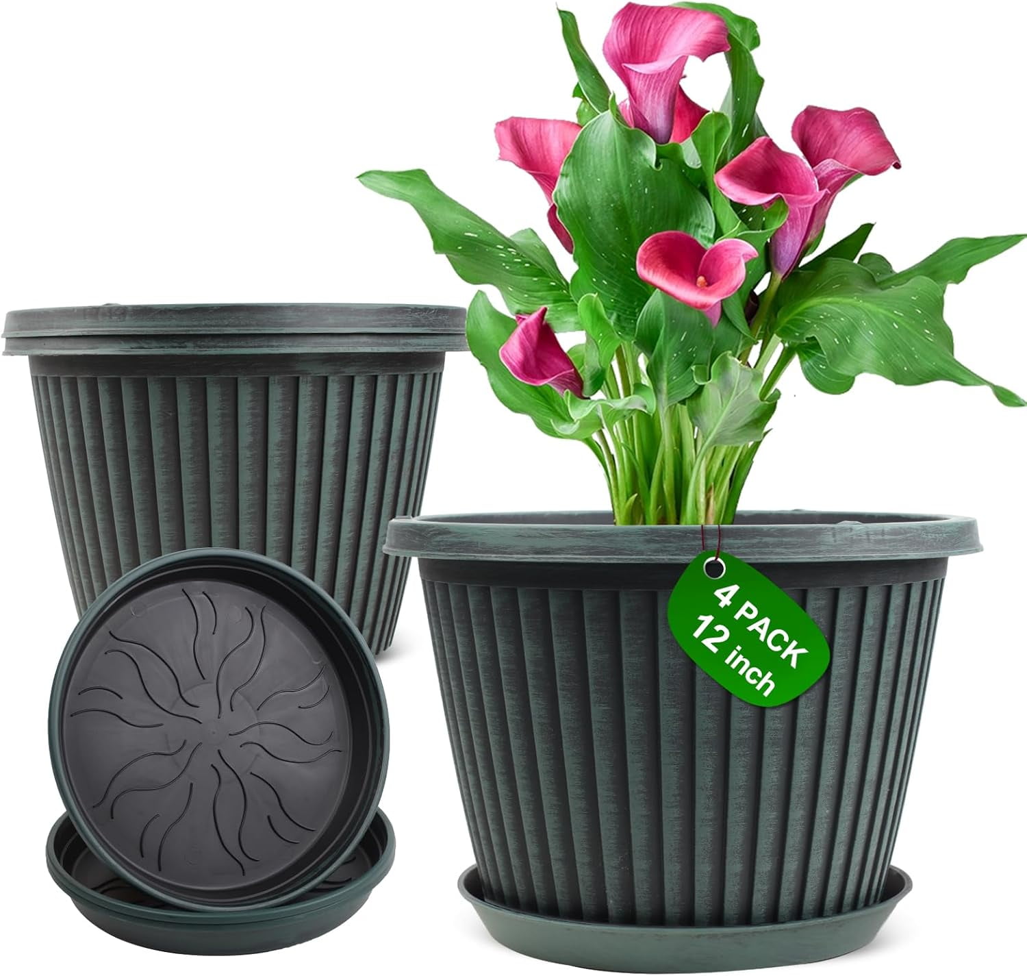 12 inch Plant Pots Indoor Outdoor, 4 Pack Large Planter, Plastic Flower ...