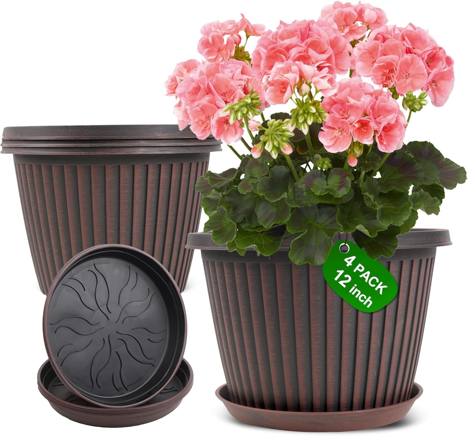 Large-Planter-Indoor-Outdoor Plant Pots, 12 inch 4 Pack Plastic Flower ...