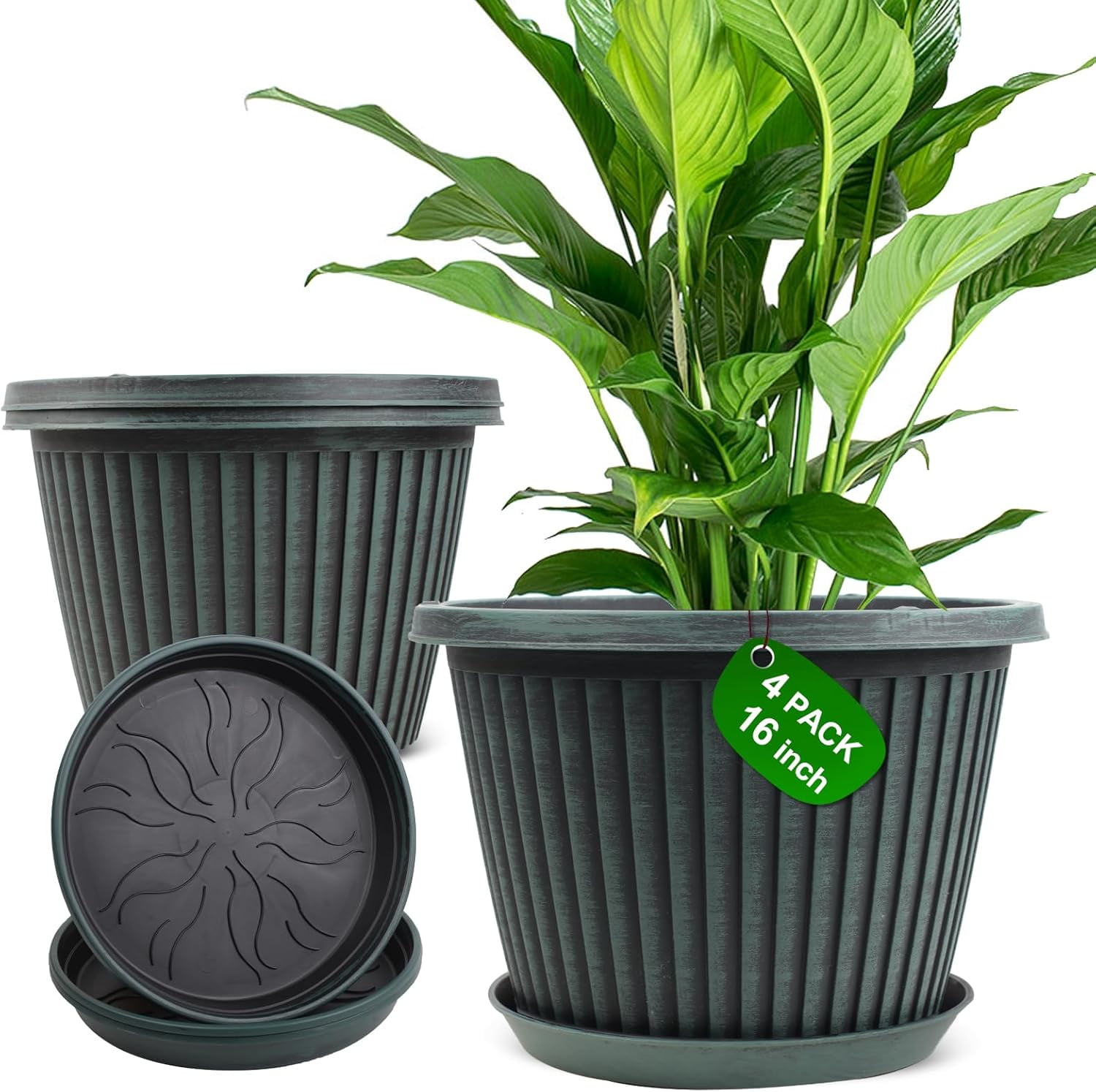 Large-Planter-Indoor-Outdoor Plant Pots, 16 inch 4 Pack Plastic Flower ...