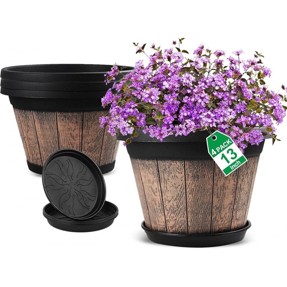 Large Plastic Plant Pots Set of 4 Pack13 inch,Whiskey Barrel Planters ...