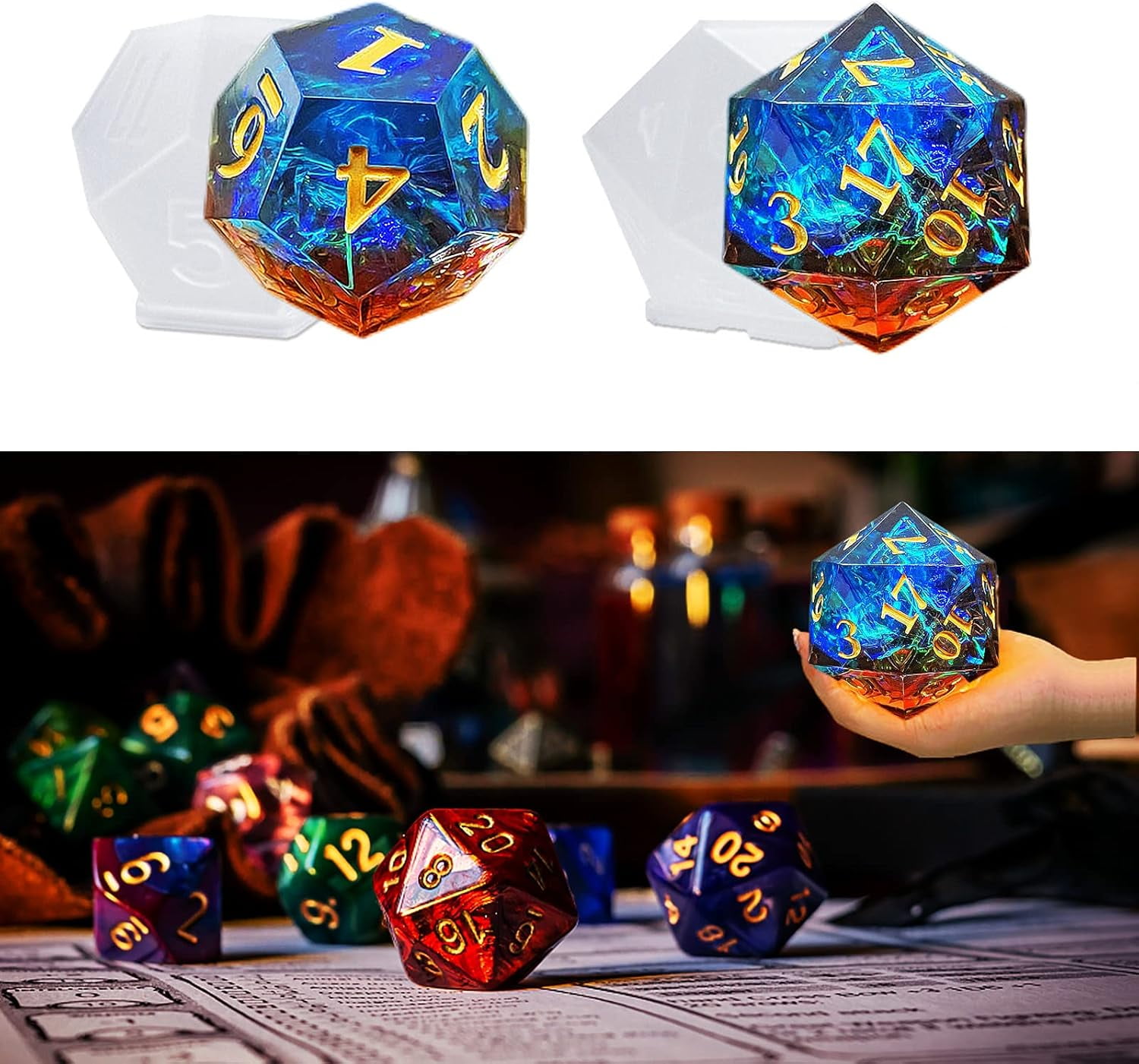 Large Polyhedral Dice Resin Mold, 2 Styles with Letter Number Silicone Dice Mold, Silicone Mold ...