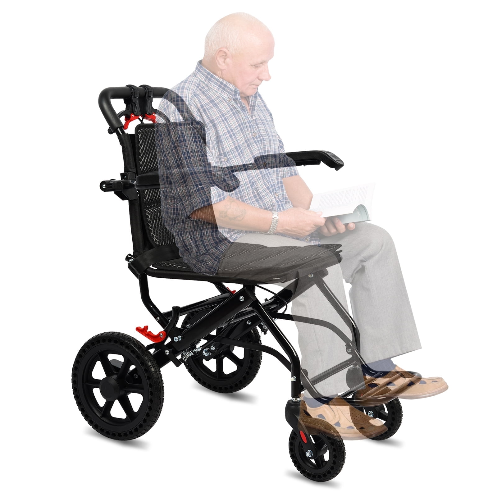 Large Portable Aluminum Transport Wheelchair | Handbrake & 12" Rear ...