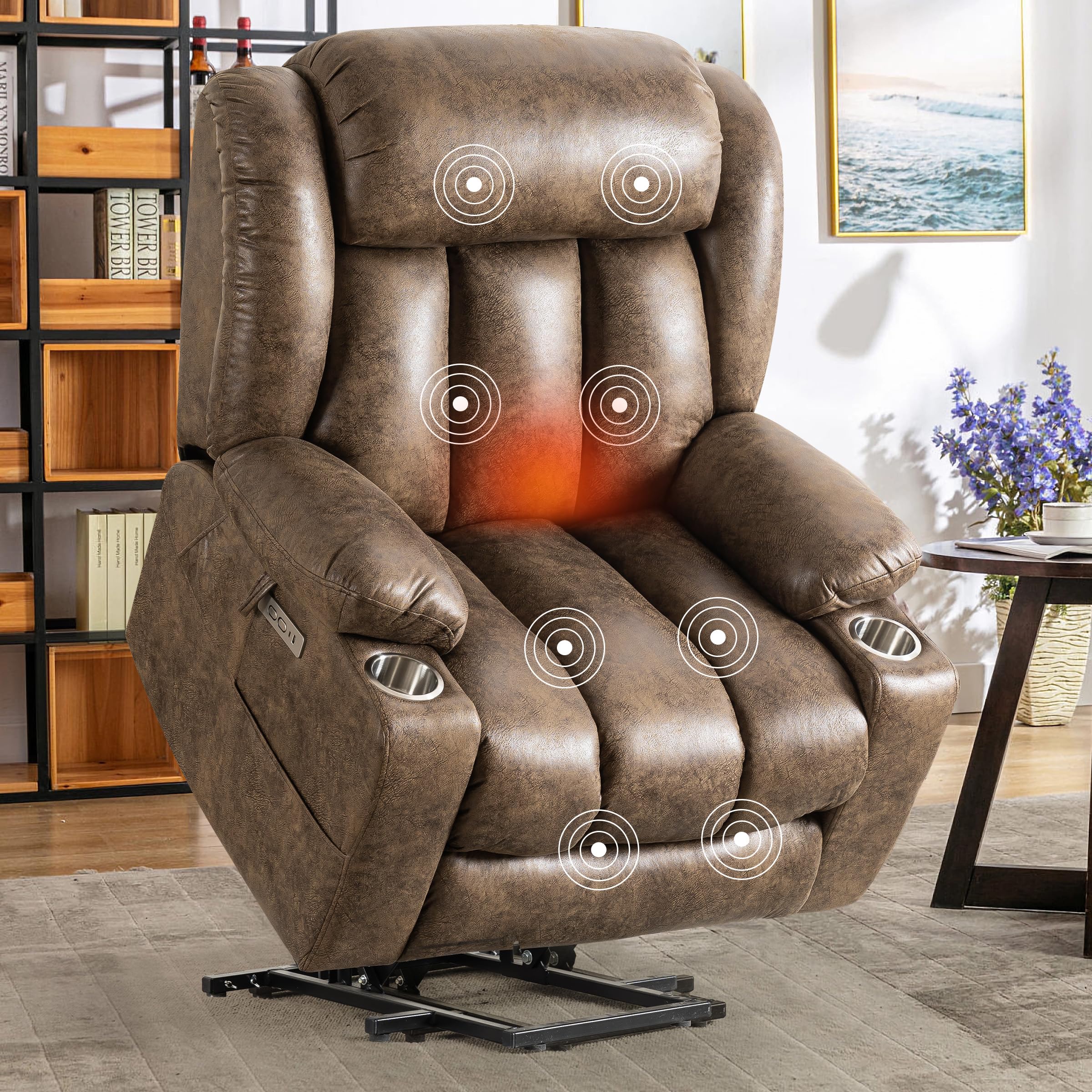 XL Leather Power Lift Recliner Chair with Massage and Heat, Overstuffed ...