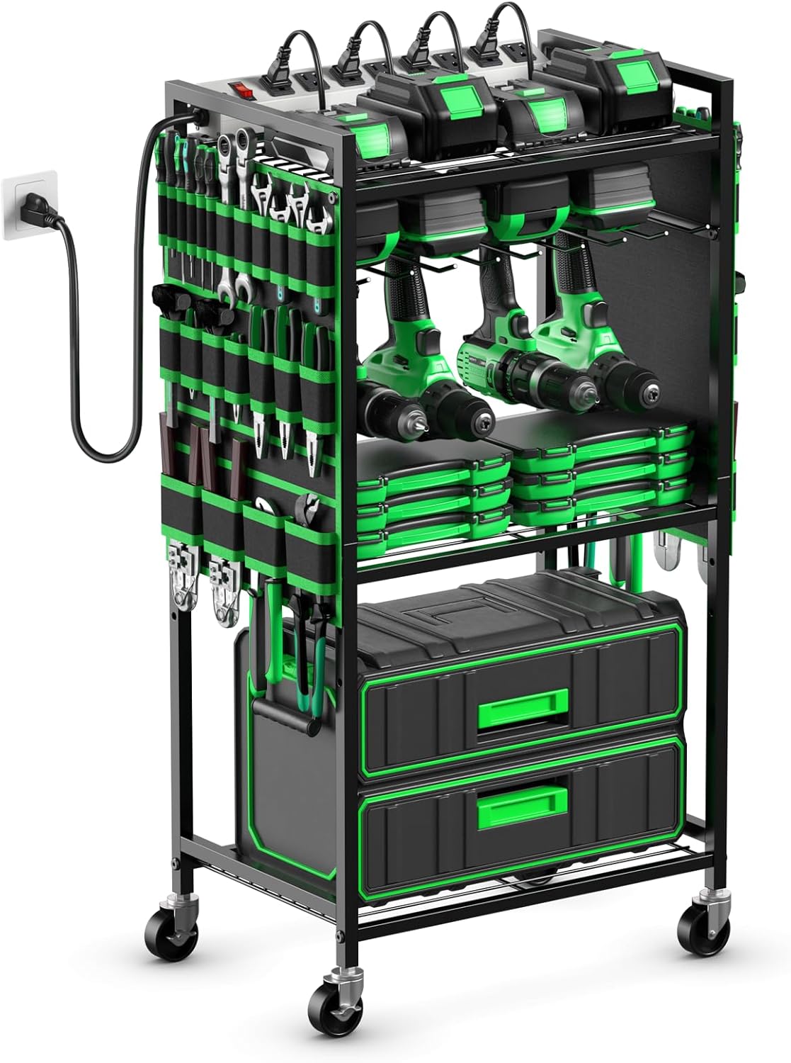 Large Power Tool Organizer Cart with Charging Station, Garage Floor ...
