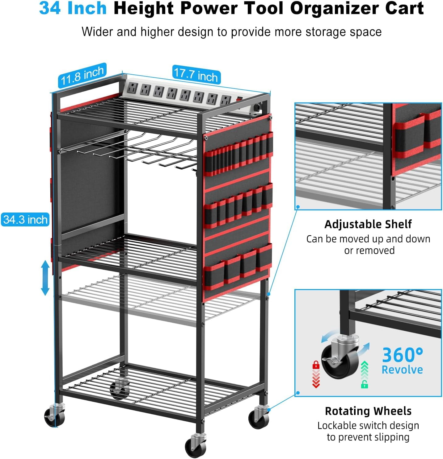Large Power Tool Organizer Cart with Charging Station, Heavy-Duty ...