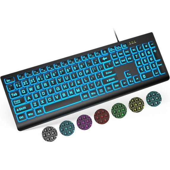Large Print Backlit Keyboard, Wired USB Lighted Computer Keyboards with ...
